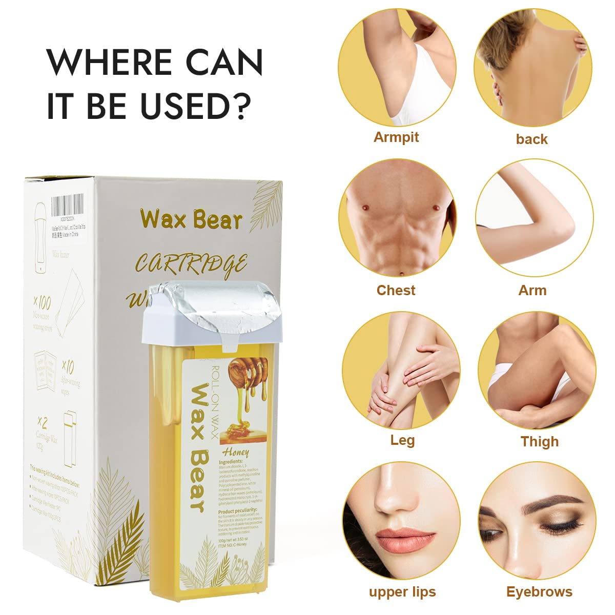 Wax Bear Roll On Depilatory Roller Wax Kit for Sensitive Skin, Soft Wax Heater with 2 Cartridge Refill,10 Wipes and 100 pcs Strips