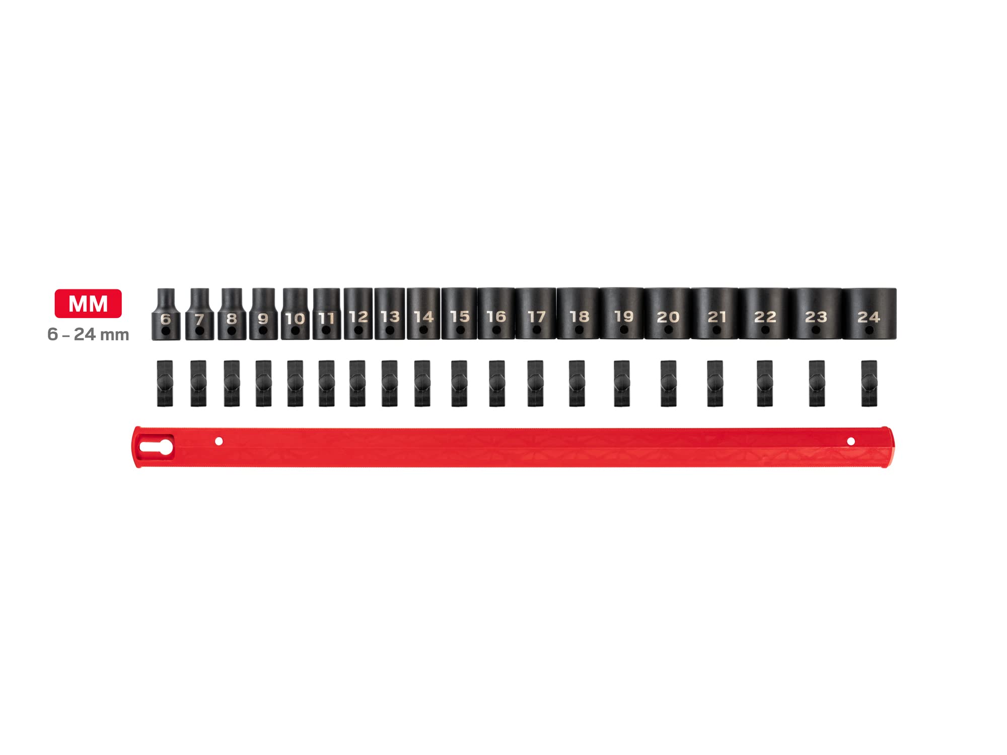 TEKTON 3/8 Inch Drive 12-Point Impact Socket Set with Rail, 19-Piece (6-24 mm) | SID91114