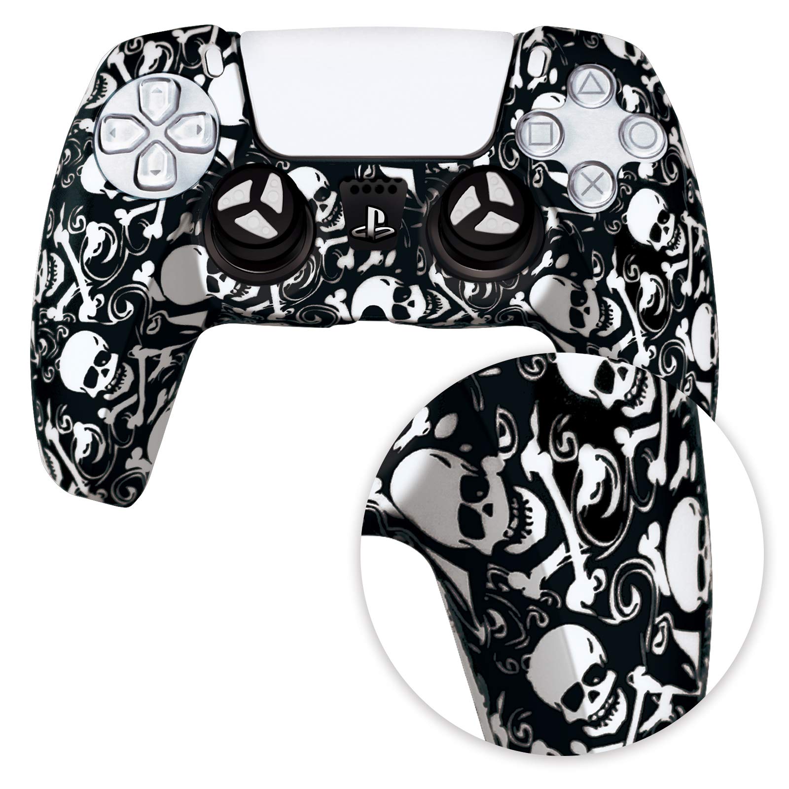 SIKEMAY Silicone Printing Cover Skin for PS5 Controller Grip, Protective Case for Playstation 5 Accessories with 10 Thumb Grip Caps(Dark Skull)