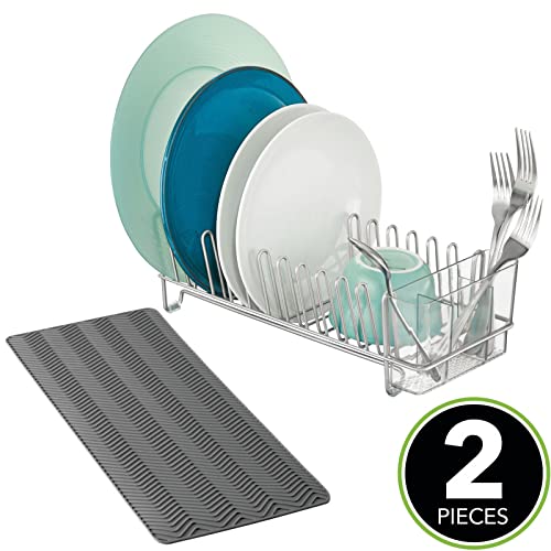 mDesign Steel Sink Dish Drying Rack/Dish Drainer Storage Organizer w/Wire Drainer, Drying Mat for Kitchen Counter, Easy Drain/Dry Dishes, Plate, Utensil - Concerto Collection, Set of 2 - Chrome/Gray