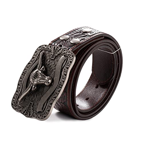 Y2KFASHN Leather Cowboy Belt, Western Cowboy Blet Buckle for men
