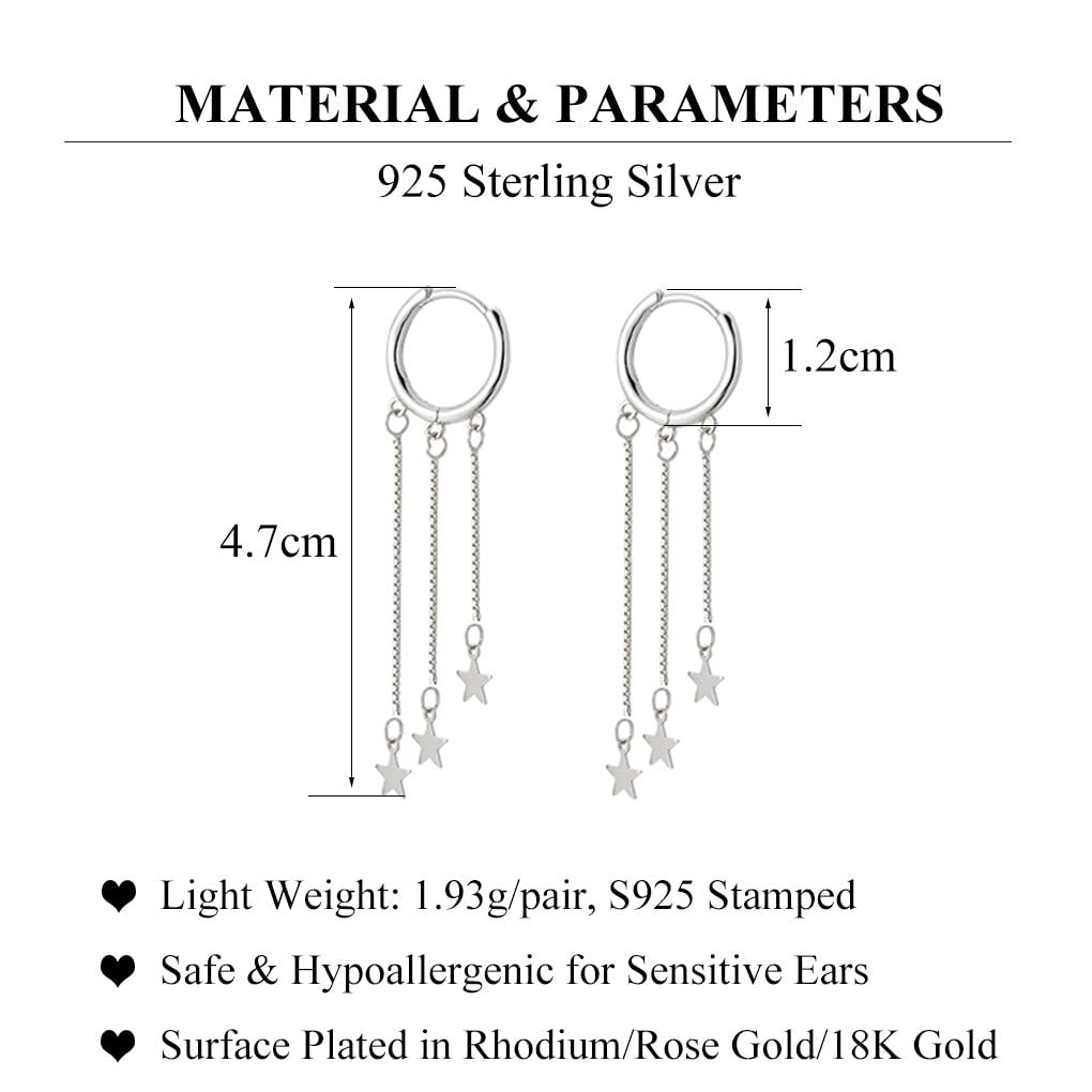 SLUYNZ 925 Sterling Silver Star Hoop Earrings for Women Star Dangle Earrings Hoop Tassel (A-Silver)