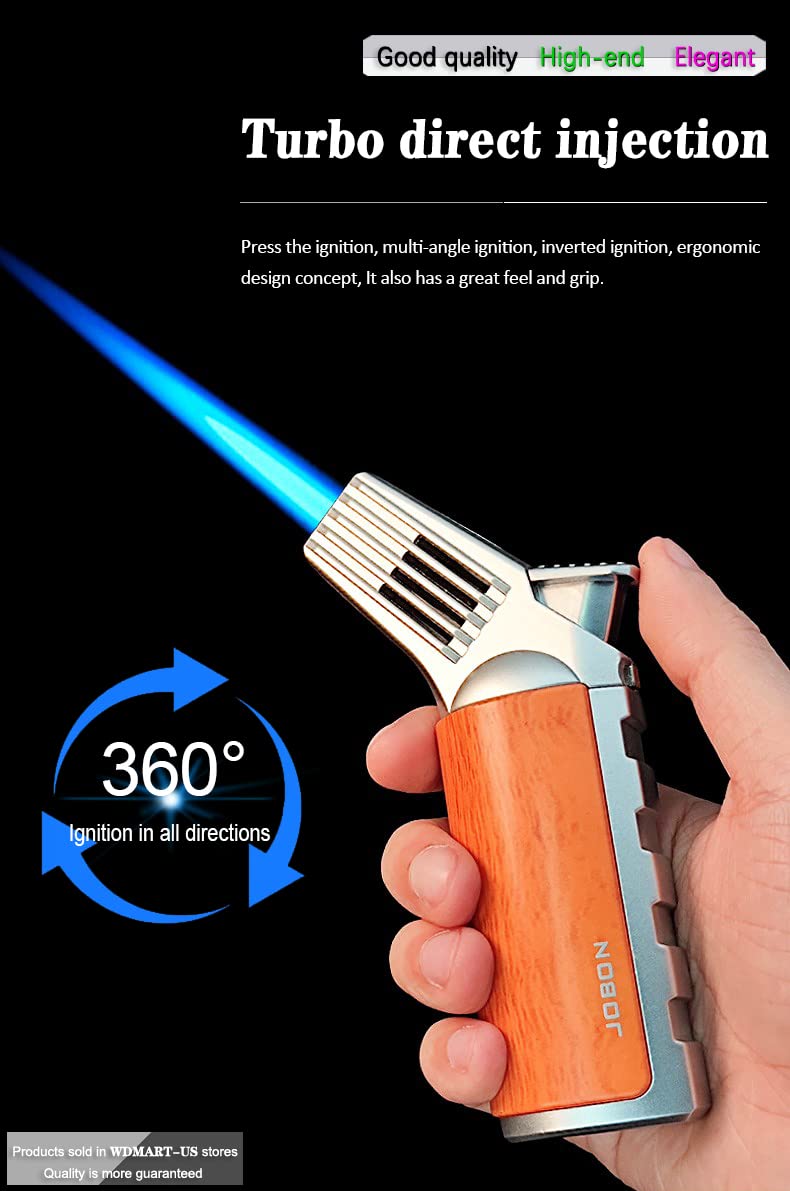 WDMART-US Windproof Refillable lighters - Metal Butane Gas Lighters - Turbo Direct Injection lighters • Multifunction Cooking Torch • Large Gas Storage Capacity (Yellow Wood Grain)