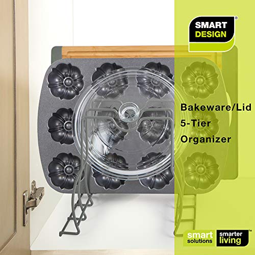Smart Design Bakeware and Lid Storage Rack with 4 Compartment Dividers - Steel Metal Frame - Rust Resistant Finish - Cooking and Baking Pantry Organization - Kitchen 10 x 8 Inch - Charcoal Gray