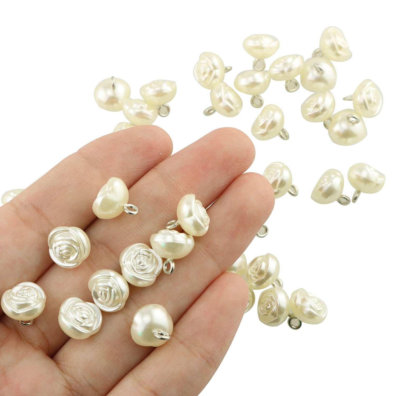 Tegg Rose Shape Button 30PCS 11mm Cream-Coloured Rose Shape Half Ball Pearl Buttons with Metal Shank for Clothes, Craft, Sewing