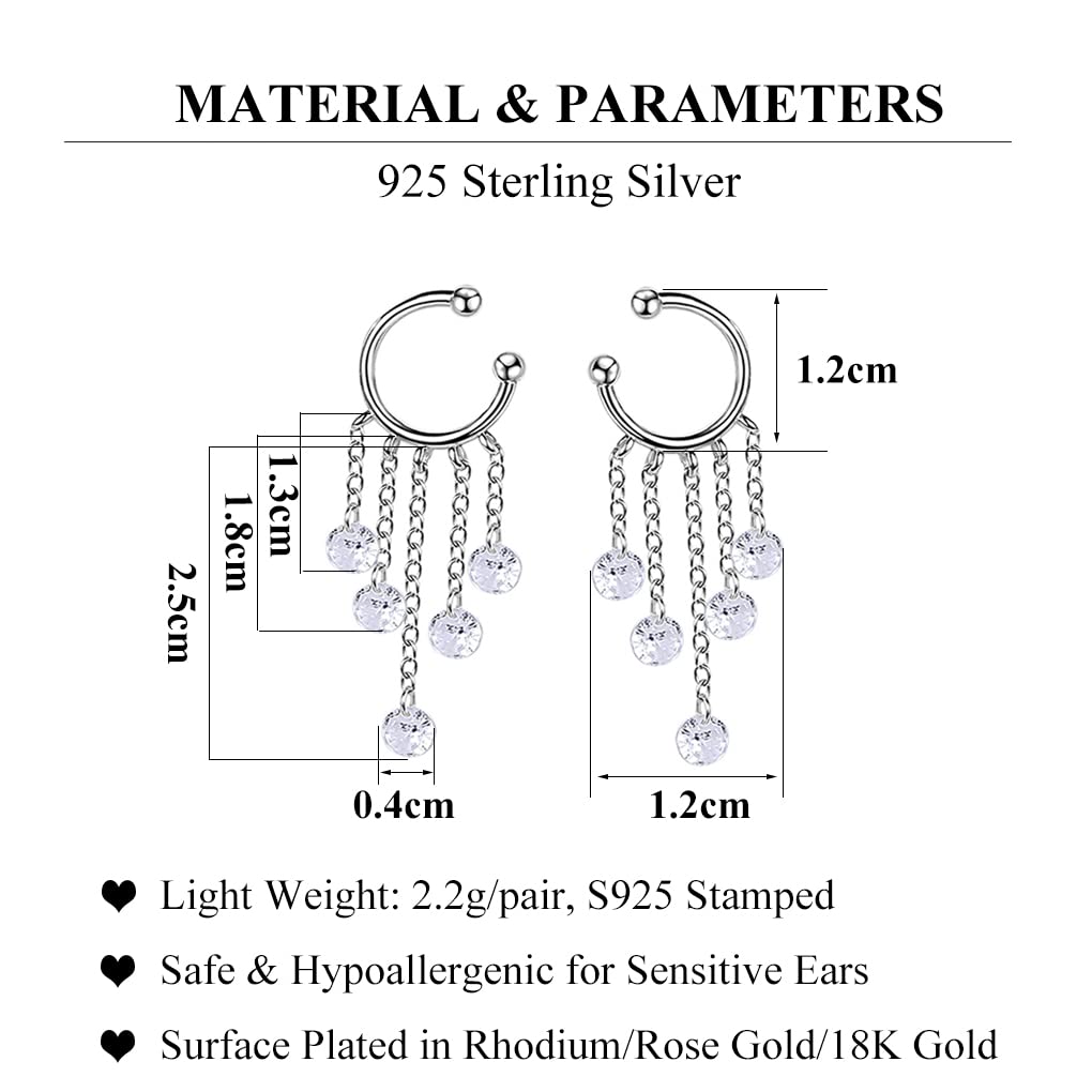 SLUYNZ 925 Sterling Silver Cuff Earrings Droplet Tassel Chain for Women No Piercing Cartilage Earrings Wrap (A-Silver)