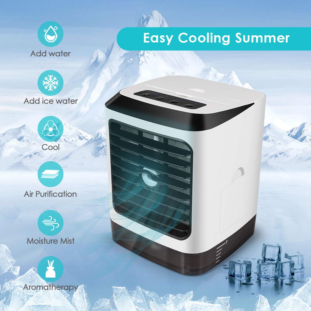 Sticque Portable Air Conditioner, Evaporative Personal Cooler Humidifier, 3 Speeds, 7 Colors LED Light, Freon Free Ice Fan with Handle, Misting Fast Cooling Desktop for Room, Office, Study