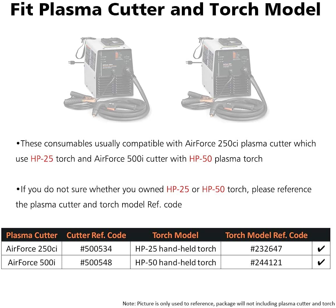 Theia Plasma | AirForce 250Ci HP-25 Plasma Torch consumable 20A | Consumable Kit, Tip/Electrode 770723x2 770496x5 | compatible with Hobart AirForce cutter & miller HP-25/50/70 (3) (770496 4kit)