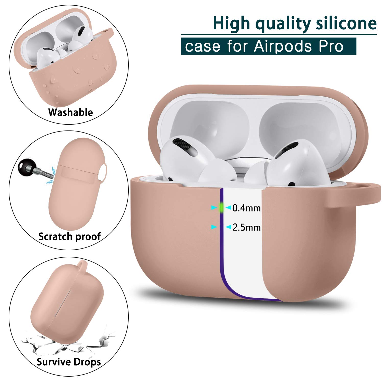 R-fun AirPods Pro Case Cover with Keychain, Full Protective Silicone Skin Accessories for Women Men Girl with Apple 2019 Latest AirPods Pro Case, Front LED Visible-Milk Tea