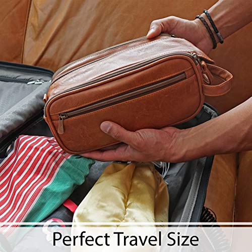 QS Toiletry Bag for Men or Women - Dopp Kit For Travel. Large Cosmetic and Bathroom Shaving Bag. Toiletry Organizer PU Leather USA (Medium, Brown)