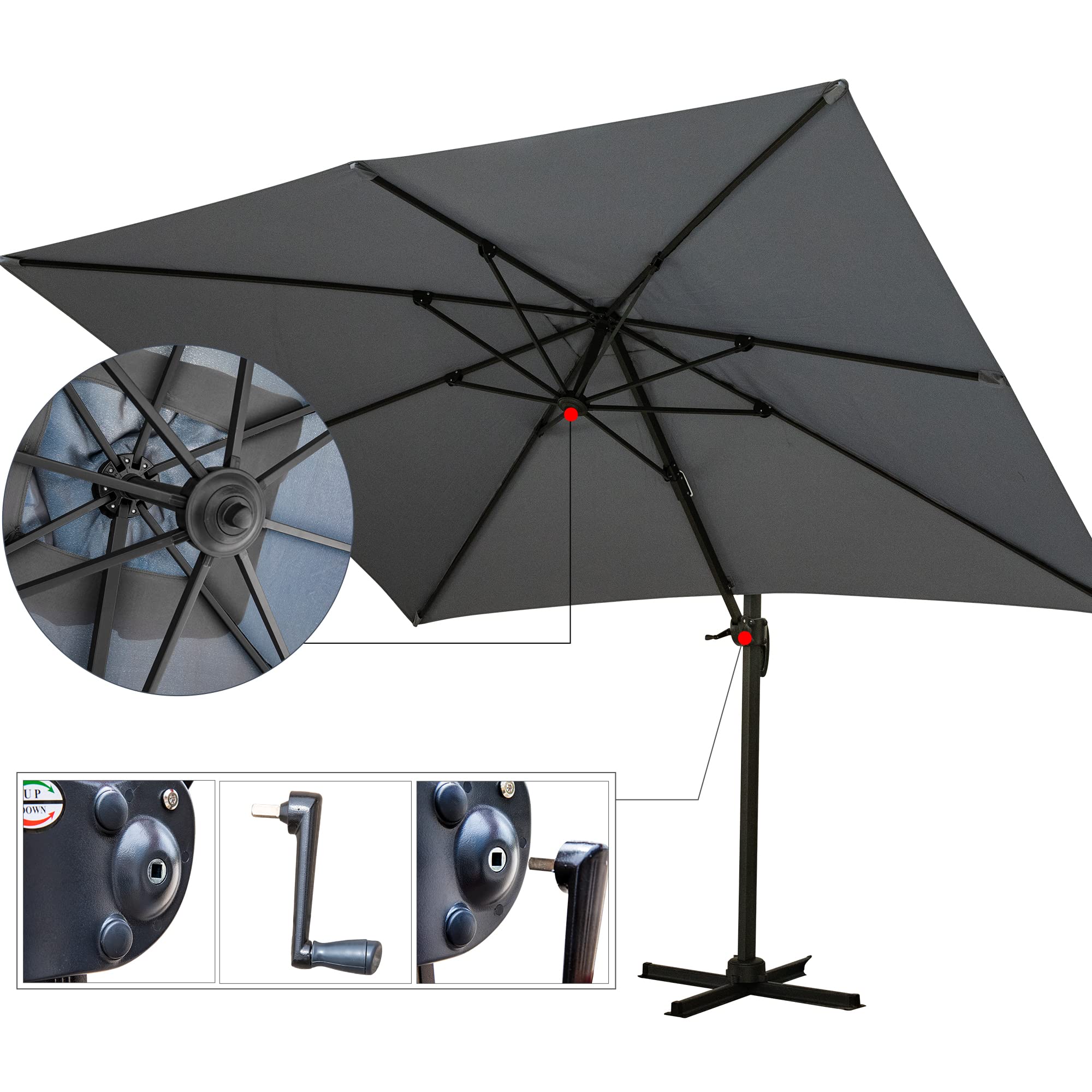 Mapleleaf Rectangular Patio Umbrella 10 Ft Offset Hanging Market Umbrella Cantilever Umbrella 360-Degree Rotatable with Cross Base for Patio Backyard and Swimming Pool（medium gray）