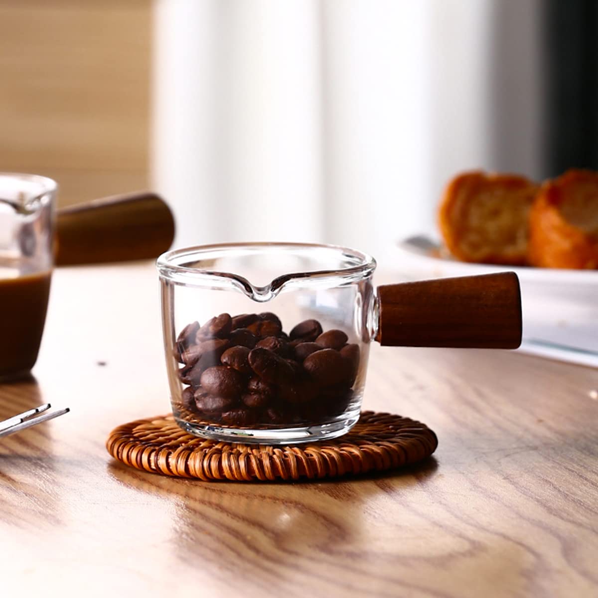 Single Spout Espresso Coffee Shot Glass with Wood Handle Measuring Cup Triple Pitcher Milk Cup Coffee Replacement Carafe for Barista Milk Espresso Making, 75 ml (2 Pieces)