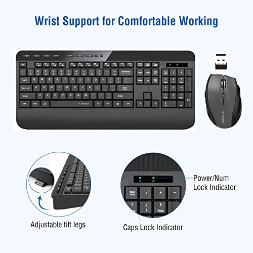 Wireless Keyboard and Mouse Combo, E-YOOSO 18 Months Battery Life Cordless Keyboard, 2.4G Full-Sized Ergonomic Keyboard with Wrist Rest, 3-Level DPI Mouse, Black Quiet Keyboard for Computer, Mac, PC