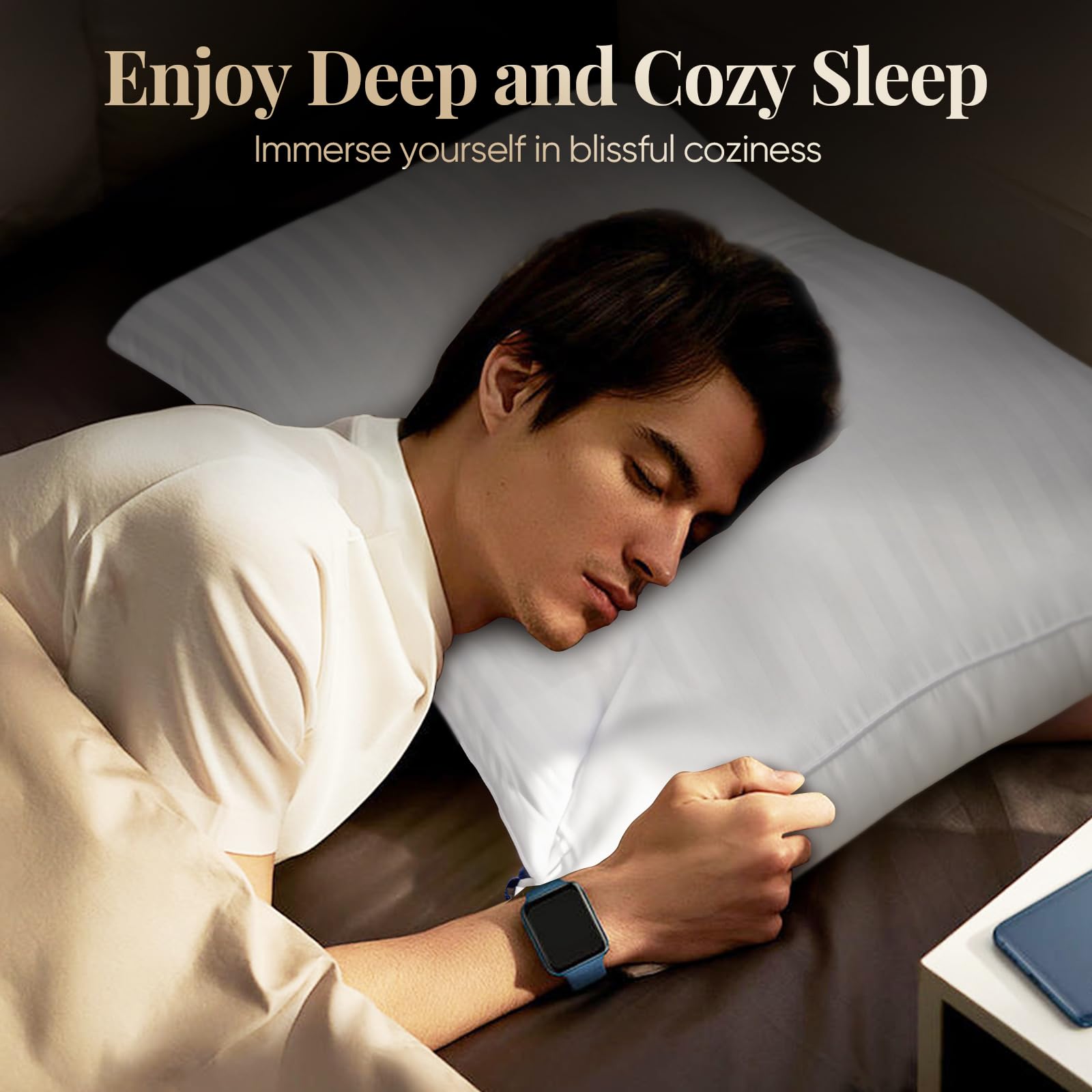 Qnoon Hotel Collection Bed Pillows for Sleeping, Bed Pillows Queen Size Set Of 2,Gusseted Pillow for Back, Stomach or Side Sleepers