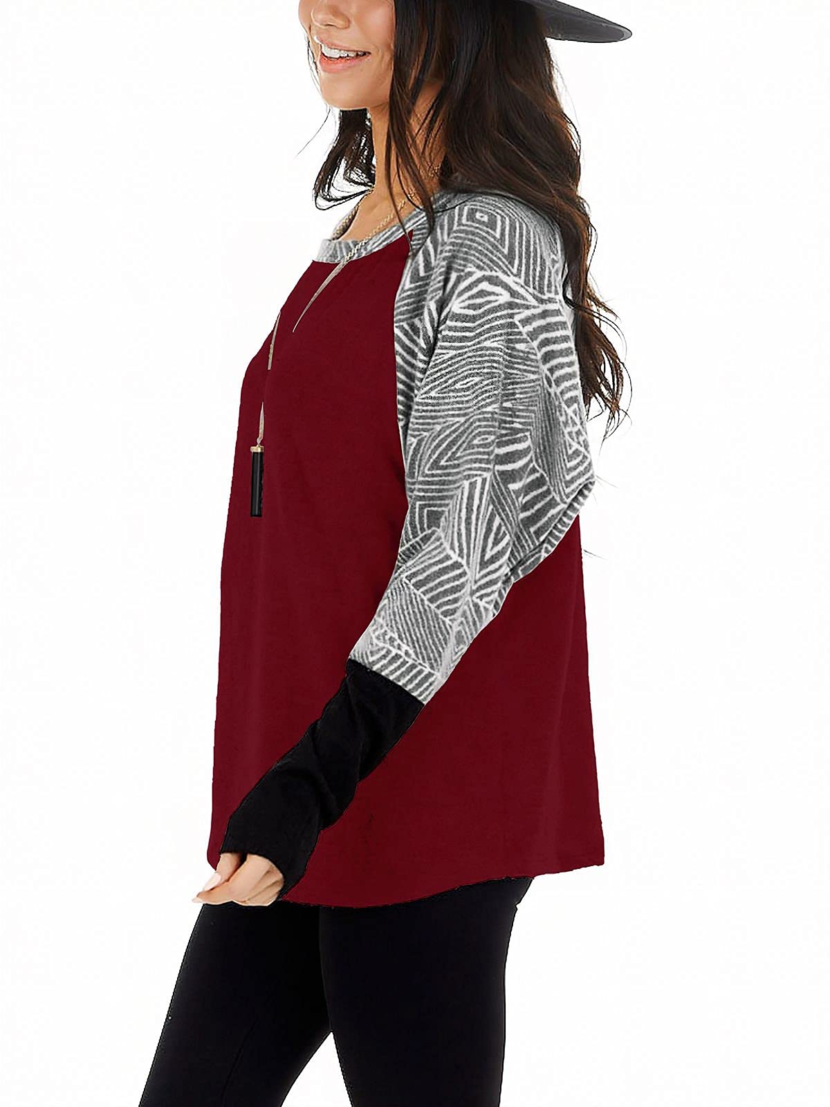TEMOFON Women's Long Sleeve Tops Color Block Striped Loose Casual Tunics Shirts Pullover Wine Red 2XL
