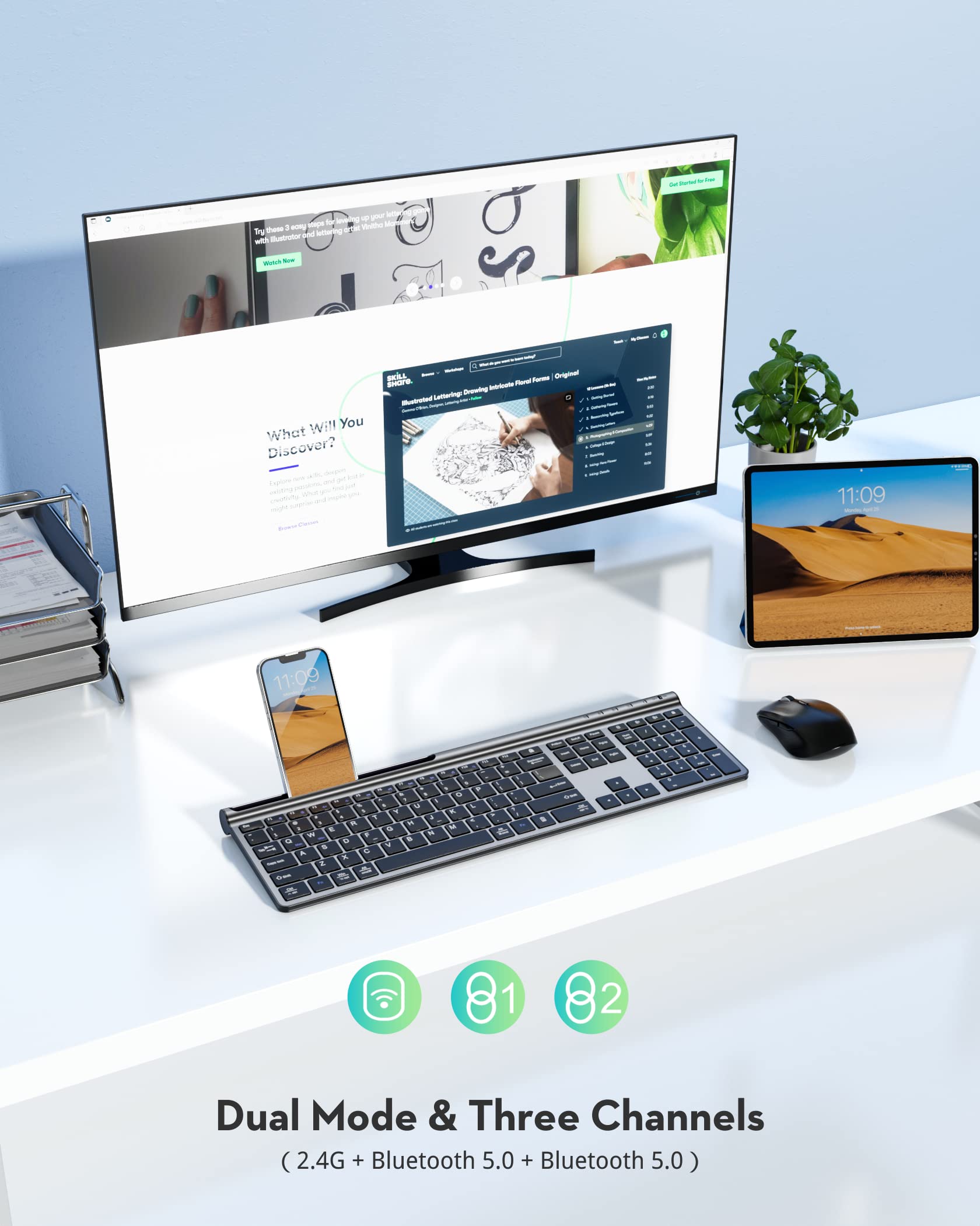 Wireless Keyboard and Mouse Combo, Samsers Ultra Slim Rechargeable Dual-Mode (Bluetooth 5.0x2 +2.4G) Silent Keyboard and Mouse Set, Multi-Device Full-Size Compact Design for MacOS/iOS/Android/Windows