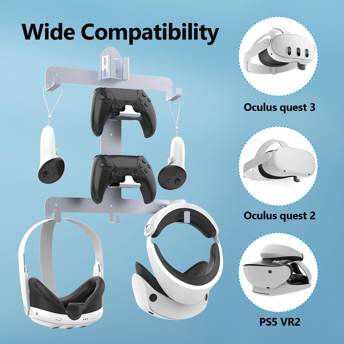 Uxilep Wall Mount for Meta Oculus Quest 3,8 in 1 VR Wall Mount Storage Stand for Most VR Headset & Controller Compatiable with PS5 VR 2,HTV Vive,Valve Index,for Meta Oculus Quest 2 3 Accessories
