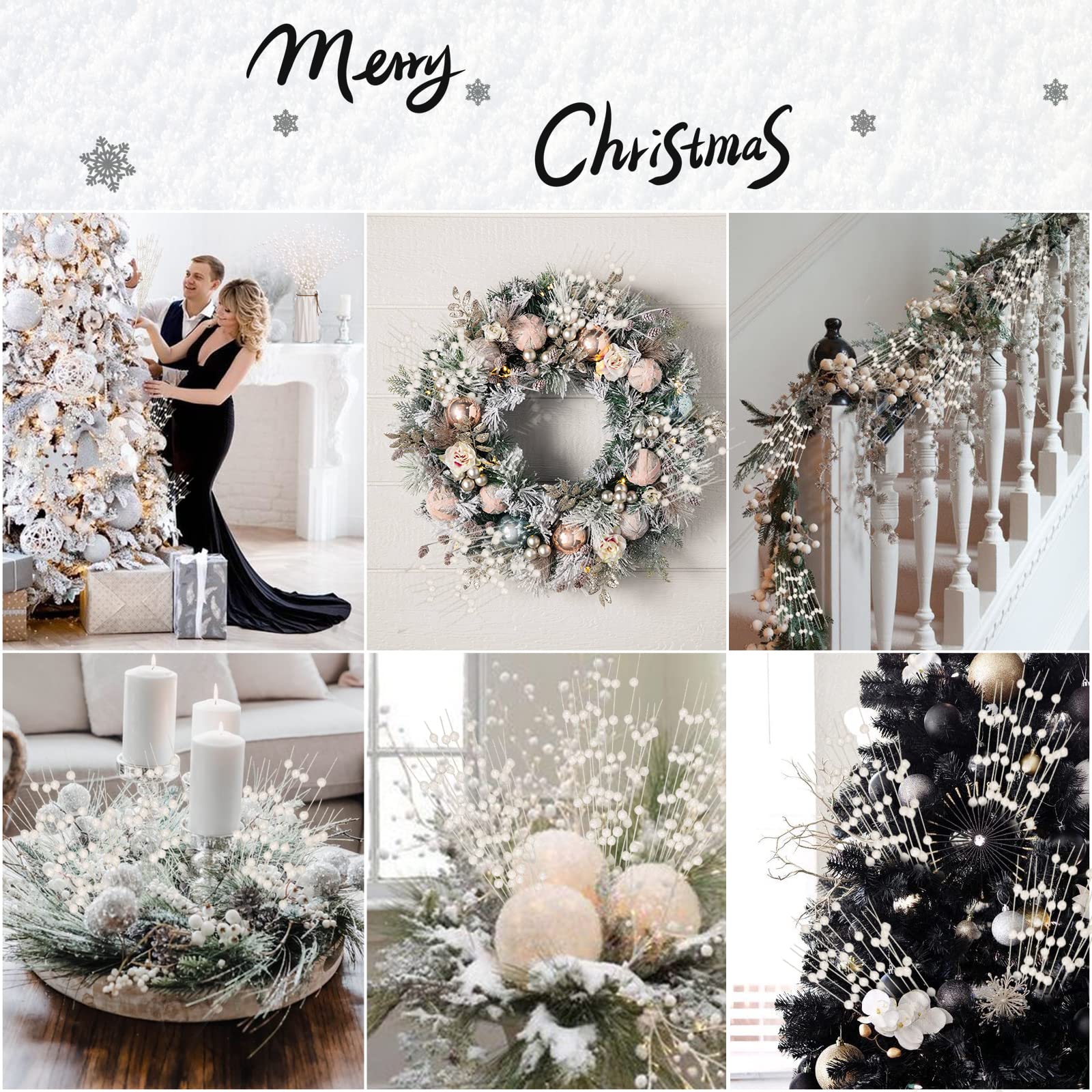 Megoogo 12 PCS Artificial Glitter Berry, White Christmas Glitter Picks Artificial Berries Stems Ornaments Fake Xmas Stem Decorative Sticks for Vases Tall DIY Wreath Home Decor (15.8ββ)