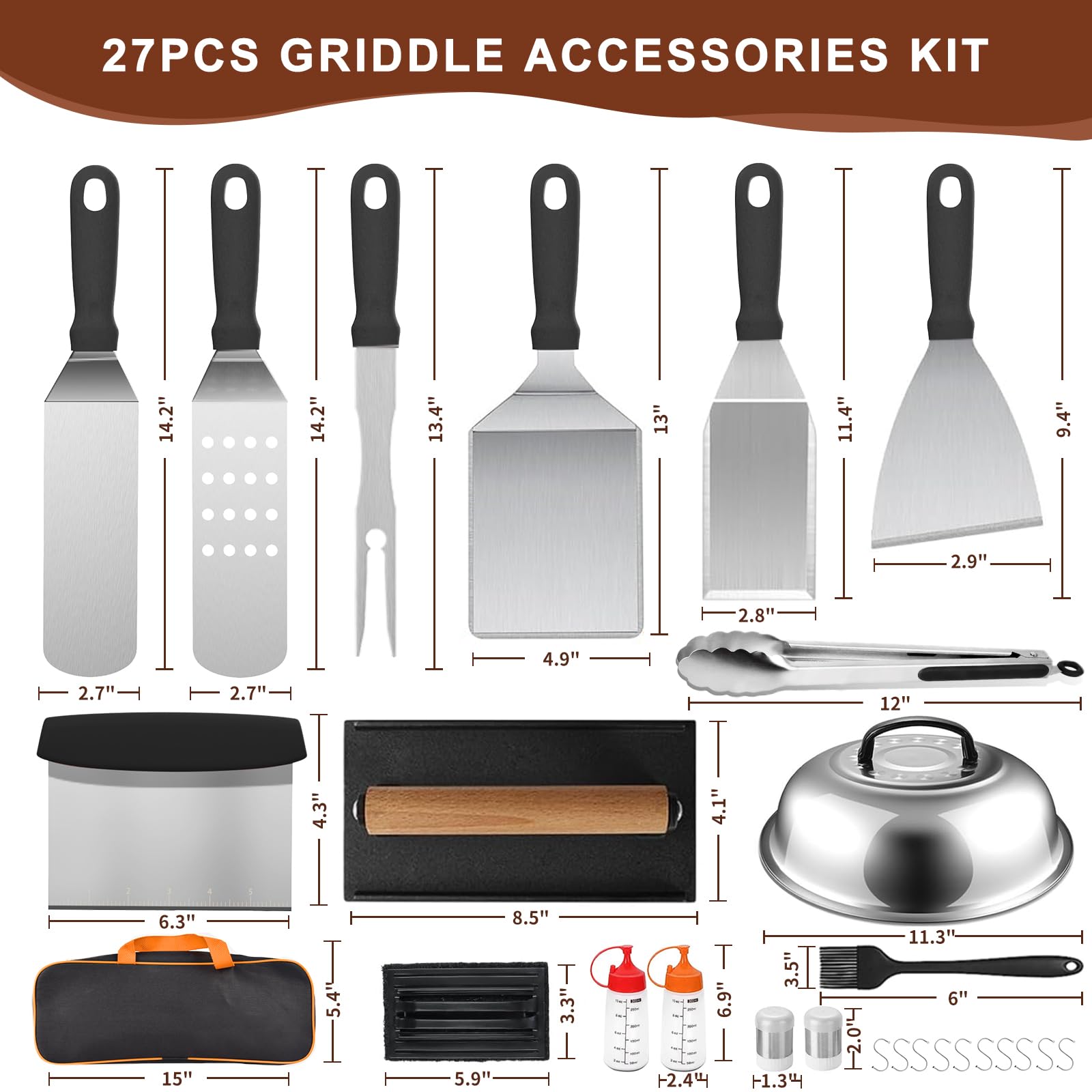 Wepeiri Blackstone Griddle Accessories Kit, 27Pcs Grilling Accessories Set for Blackstone and Camp Chef, Flat Top Grill Accessories Set with Spatulas, Scraper, Grill Press, Basting Cover for BBQ