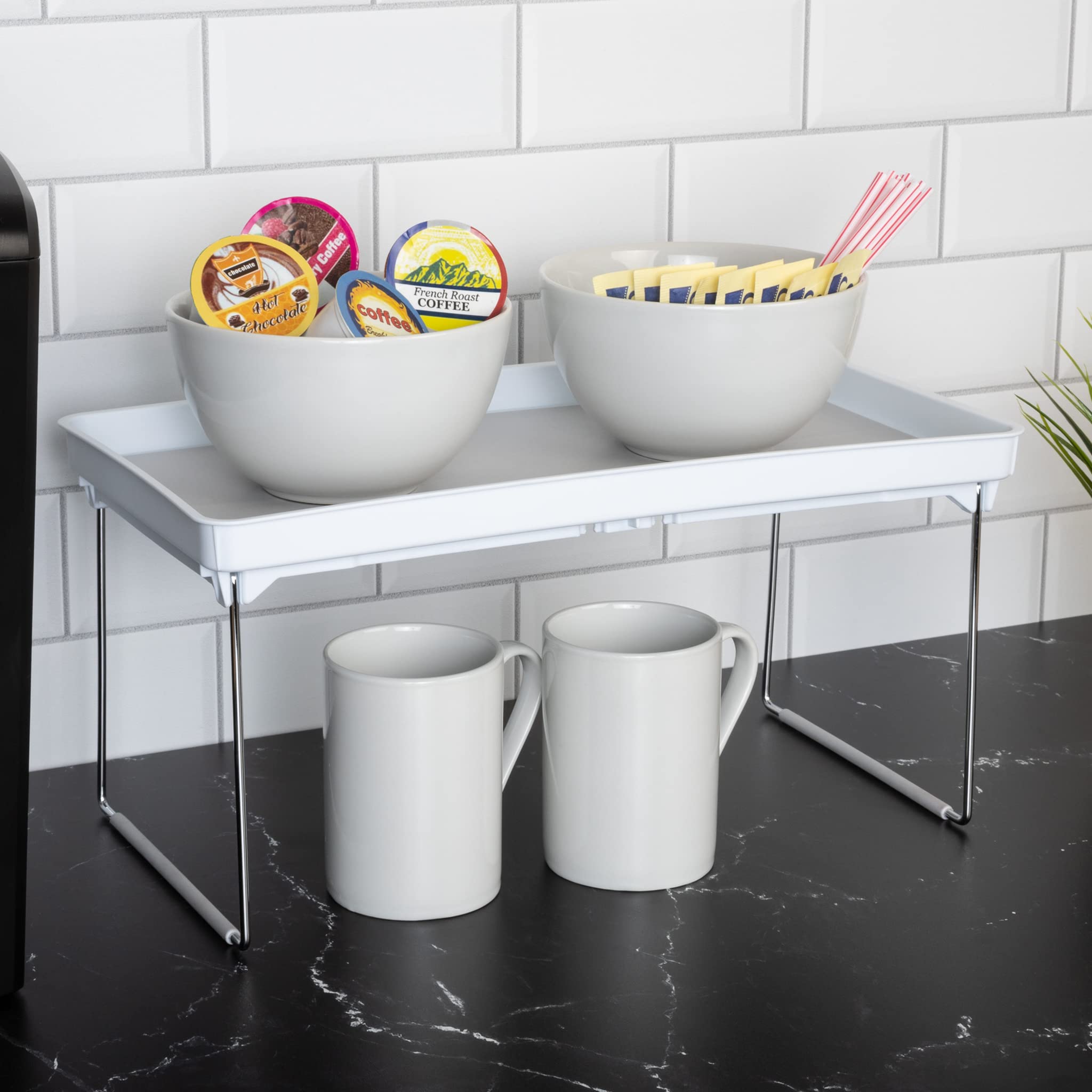 Smart Design Stackable Cabinet Shelf - Non-Slip Lining and Feet - BPA Free - Cupboard, Counter, Pantry, Storage, Kitchen Organizer - White with Gray
