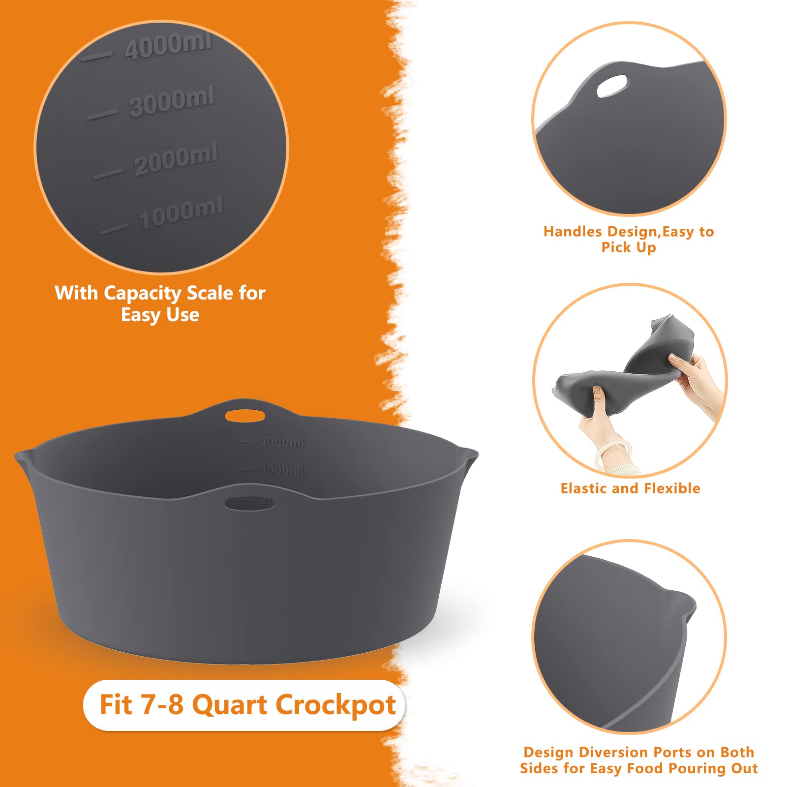 Slow Cooker Liners Fit Crockpots 7-8 Quart,Reusable Silicone Liner Insert for Crock Pot,Leakproof & Dishwasher Safe Cooking Liners for 7-8 QT Large Oval Crock-Pots(Grey)
