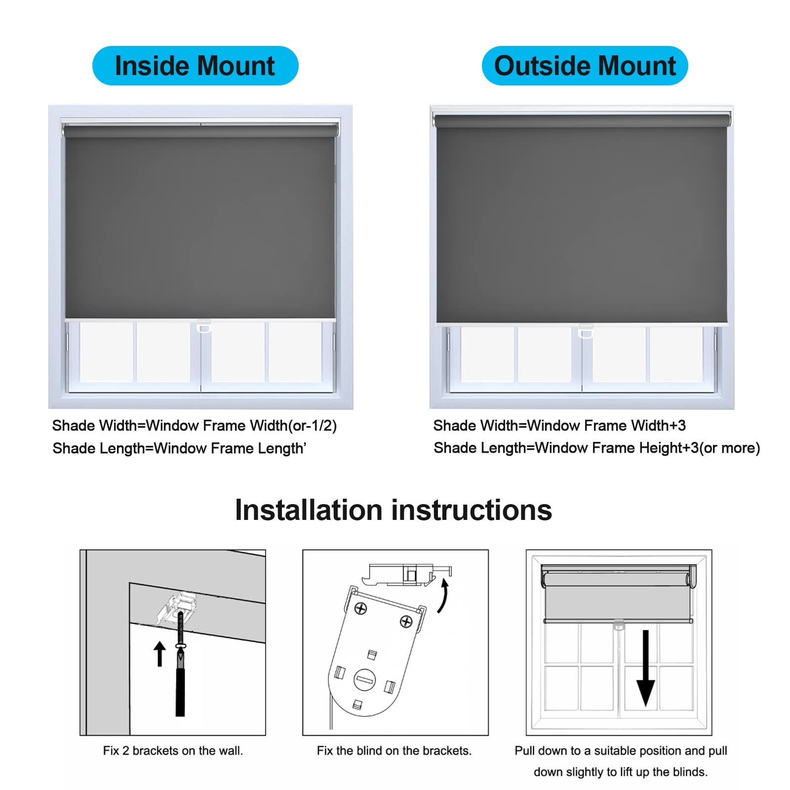 Lululand Window Roller Shades Cordless 100% Blackout(23" W x 72" H, Grey),with Spring System to Protect Privacy and Maintain Room Temperature.Easy to Install, Suitable for Home, Office