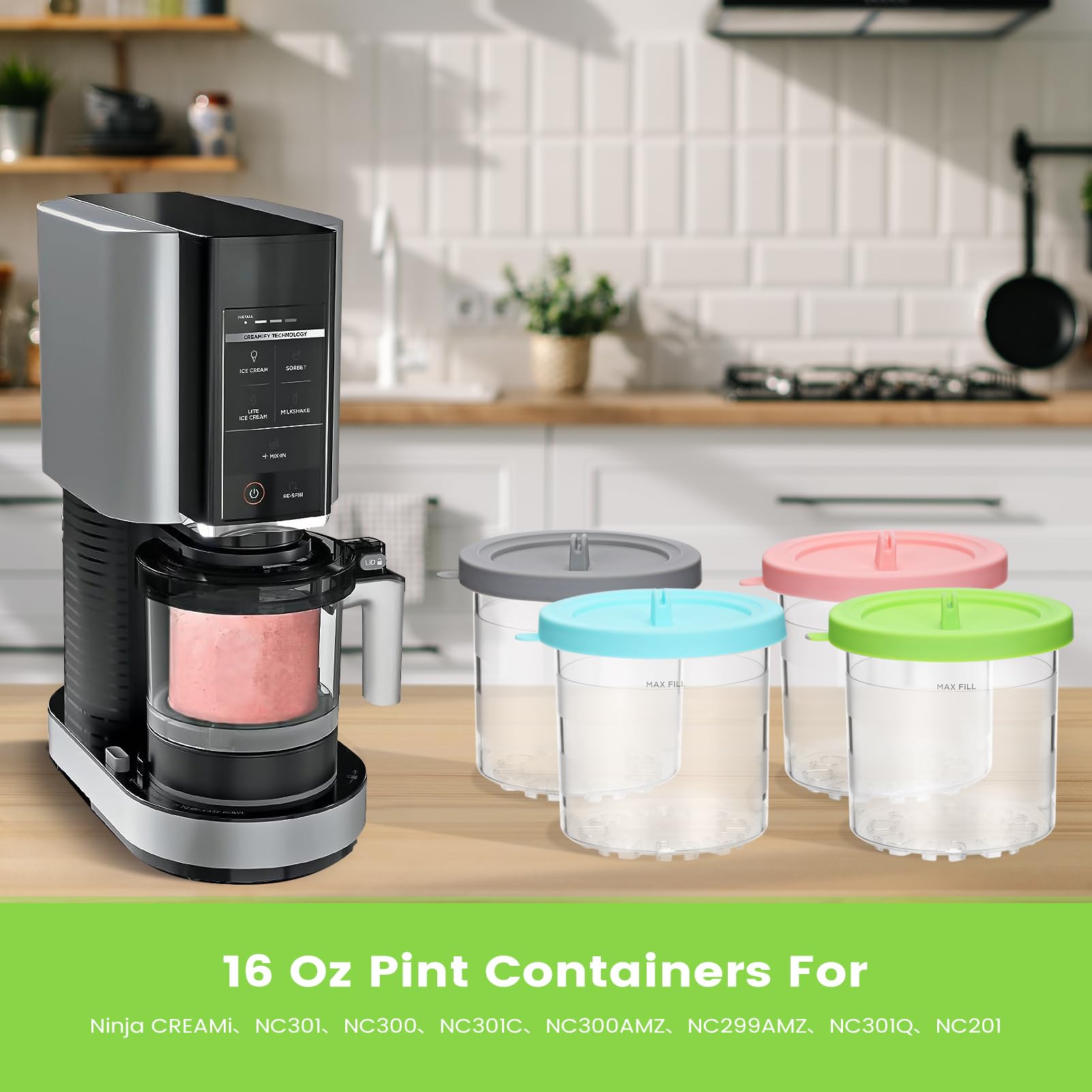 MOVAFEE 16 oz. Extra Pint | Containers Replacement for Ninja Creami Pints and Silicone Lids - 2 Pack, Compatible with Ninja NC301 NC300 NC299AMZ Series Creami Ice Cream Maker