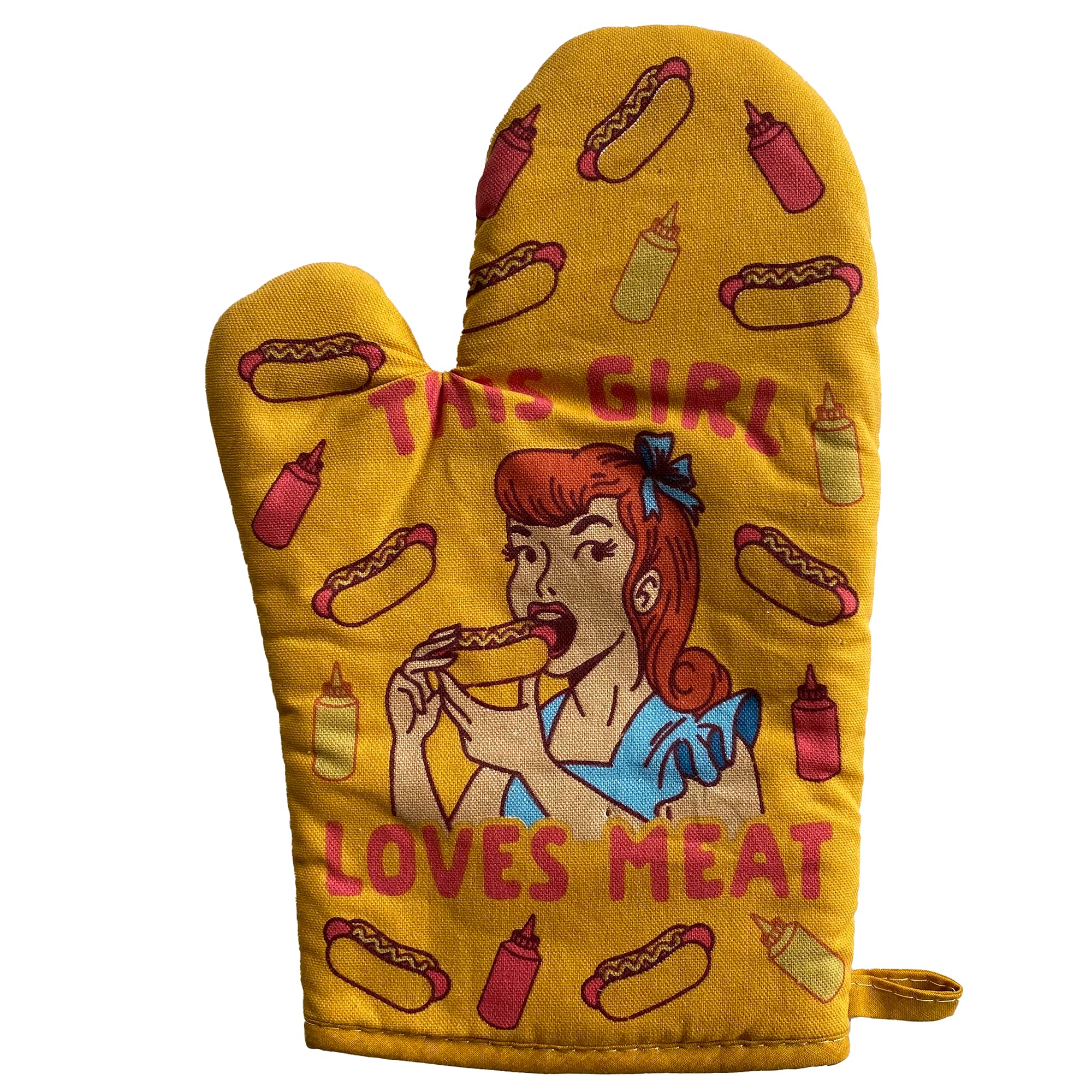 This Girl Loves Meat Apron Funny Hot Dog Backyard Bar-B-Que Grilling Kitchen Smock Funny Graphic Kitchenwear Funny Food Novelty Cookware Navy Oven Mitt + Apron