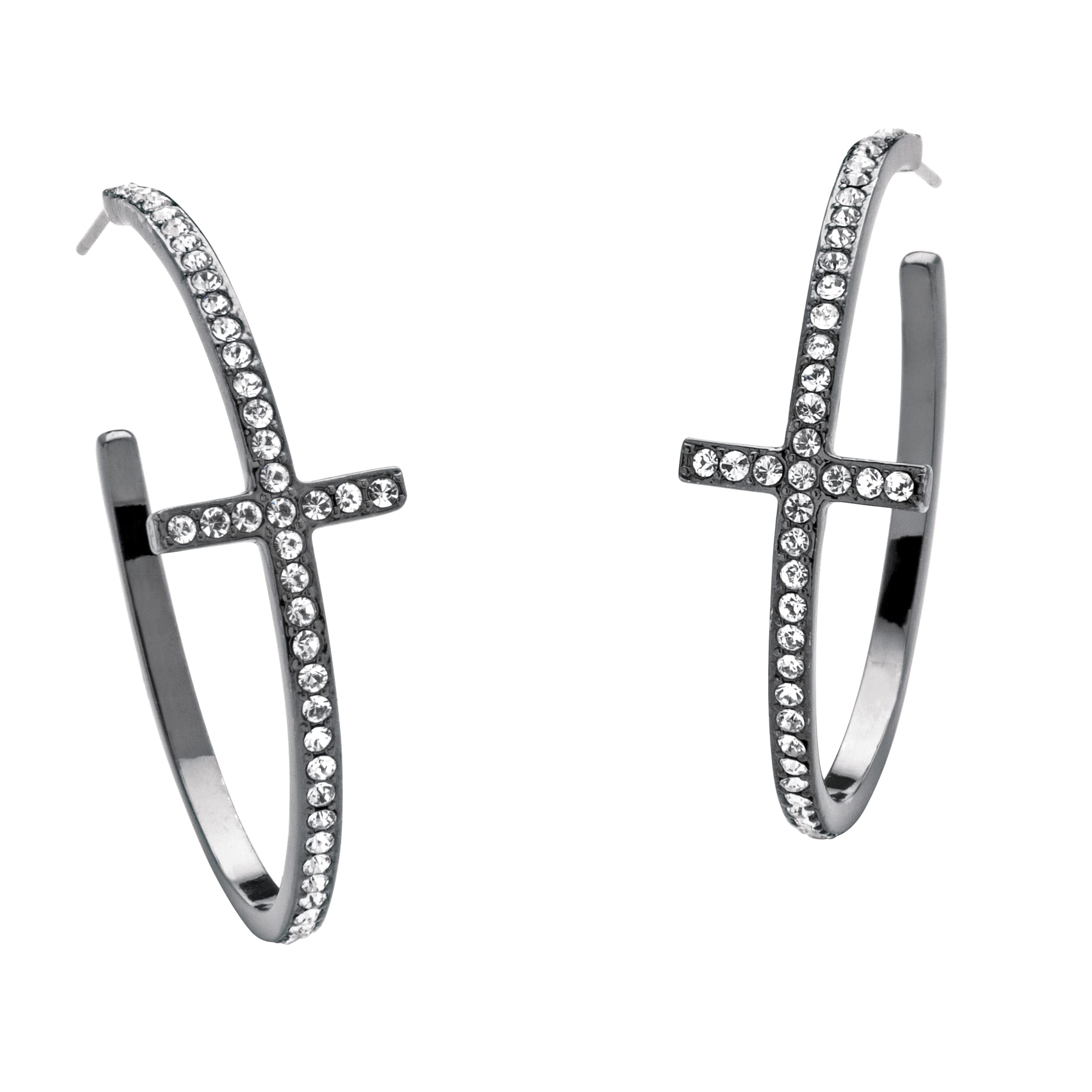 PalmBeach Black Ruthenium Plated Round Crystal Cross Hoop Earrings (40mm)