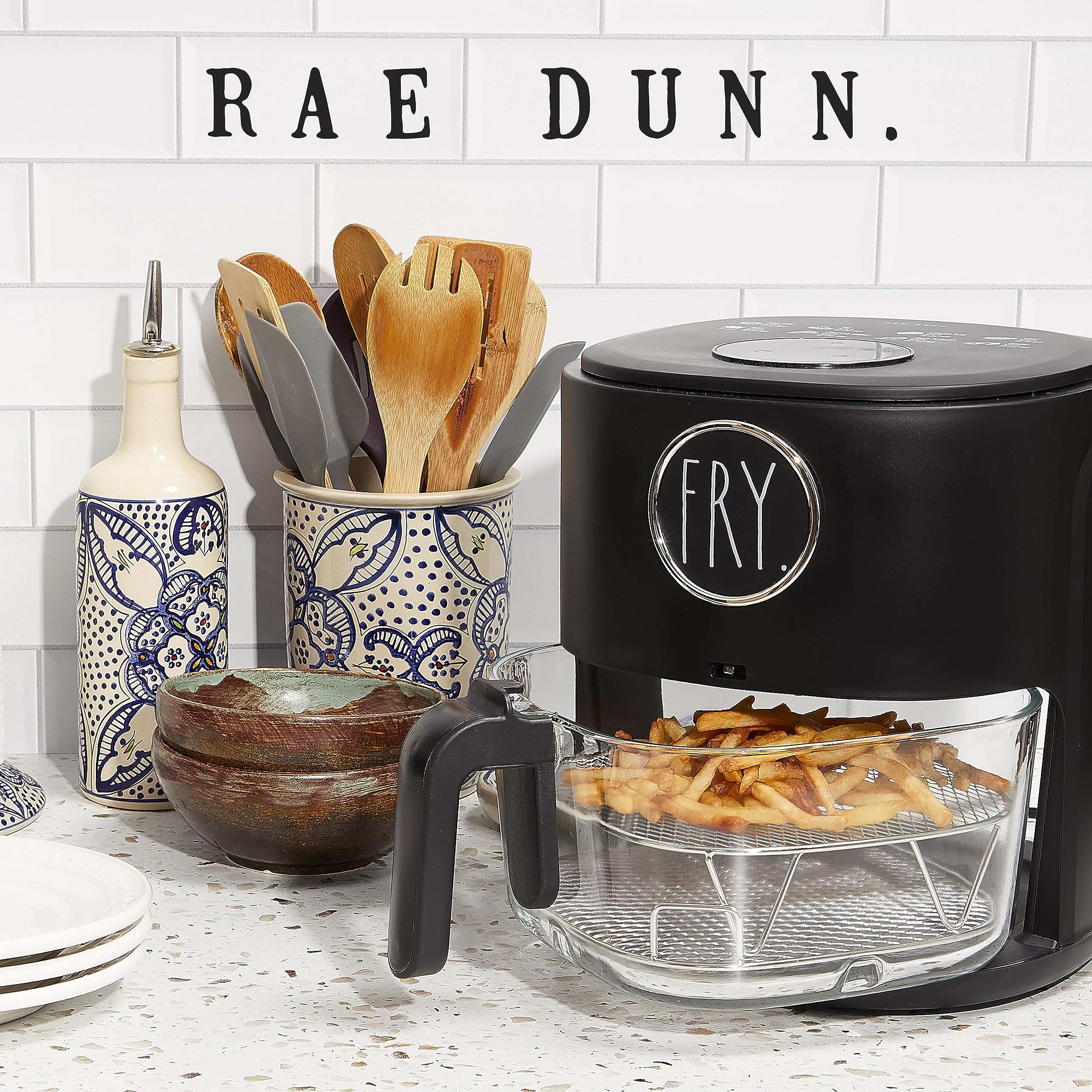 Rae Dunn 1200W 4Qt Air Fryer with GLASS Frying Basket, Dishwasher Safe, 2 Tier Tray, 60 Minute Timer, Digital Touch Display, and 6 Presets - Variable Temperature Control 175F - 400F, Black