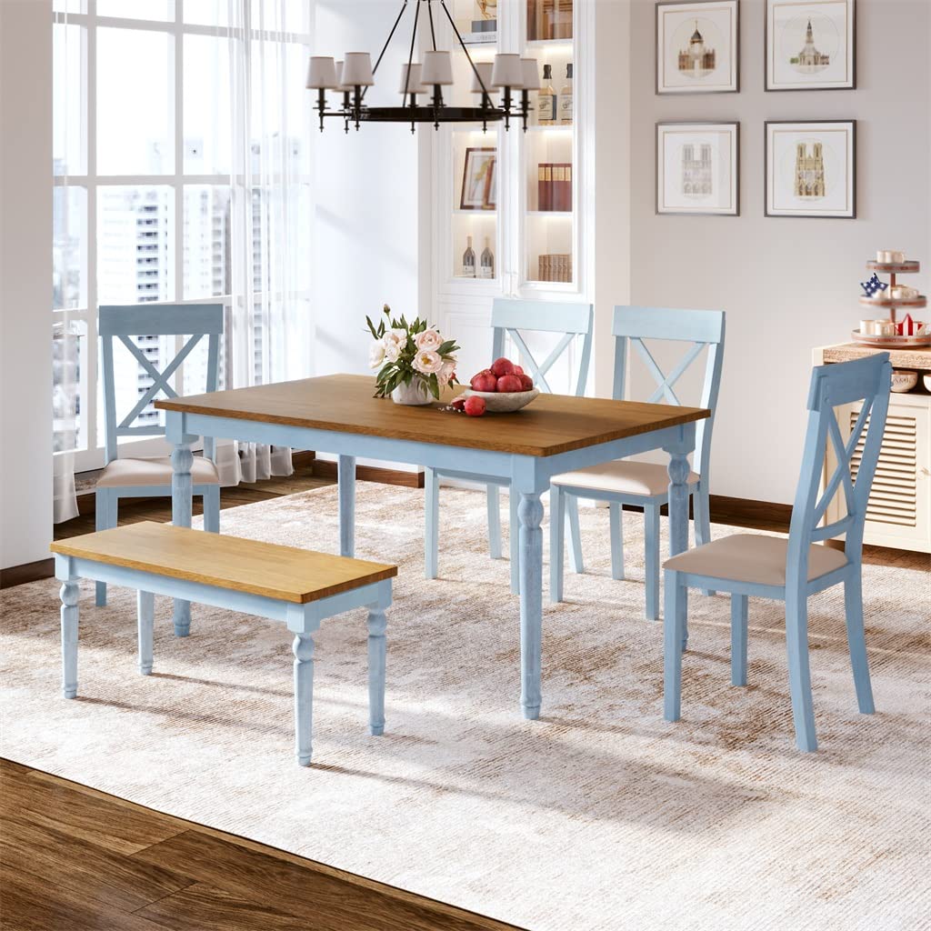 MJWDP 6 Piece Wooden Kitchen Dining Table Set with 1 Bench and 4 Upholstered Chairs, Light Green