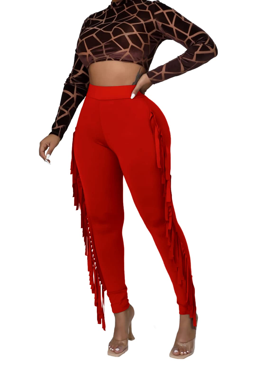 Women's Fringe Pants Casual High Waist Solid Bodycon Side Tassel Pants Yoga Pants Sweatpants Bandage Pants Red Large