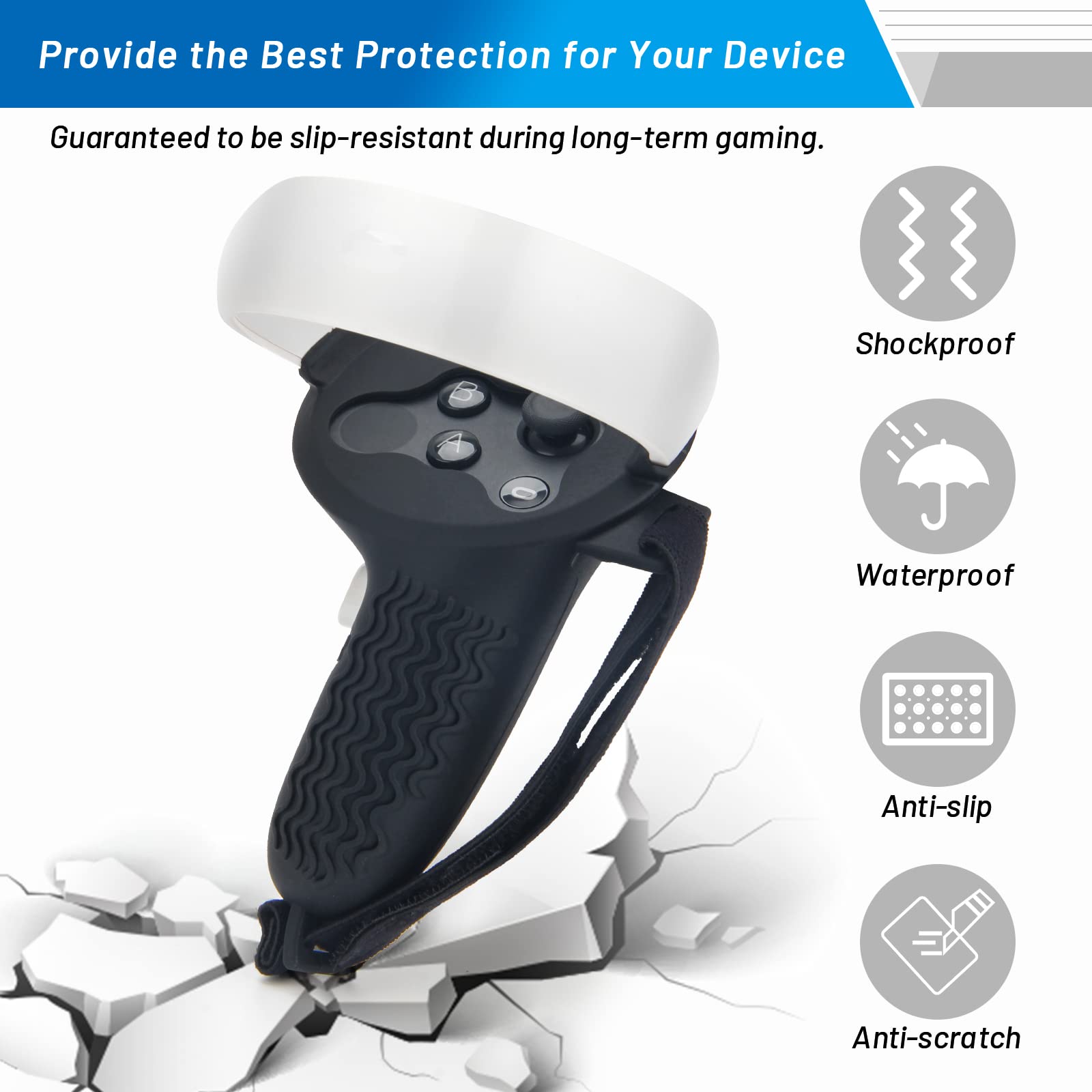 Windspeed Controller Grips Cover for Oculus/Meta Quest 2, Black Silicone Anti-Throw VR Handle Cover with Adjustable Straps for Oculus Quest 2 Accessories Soft VR Handle Protective Sleeve