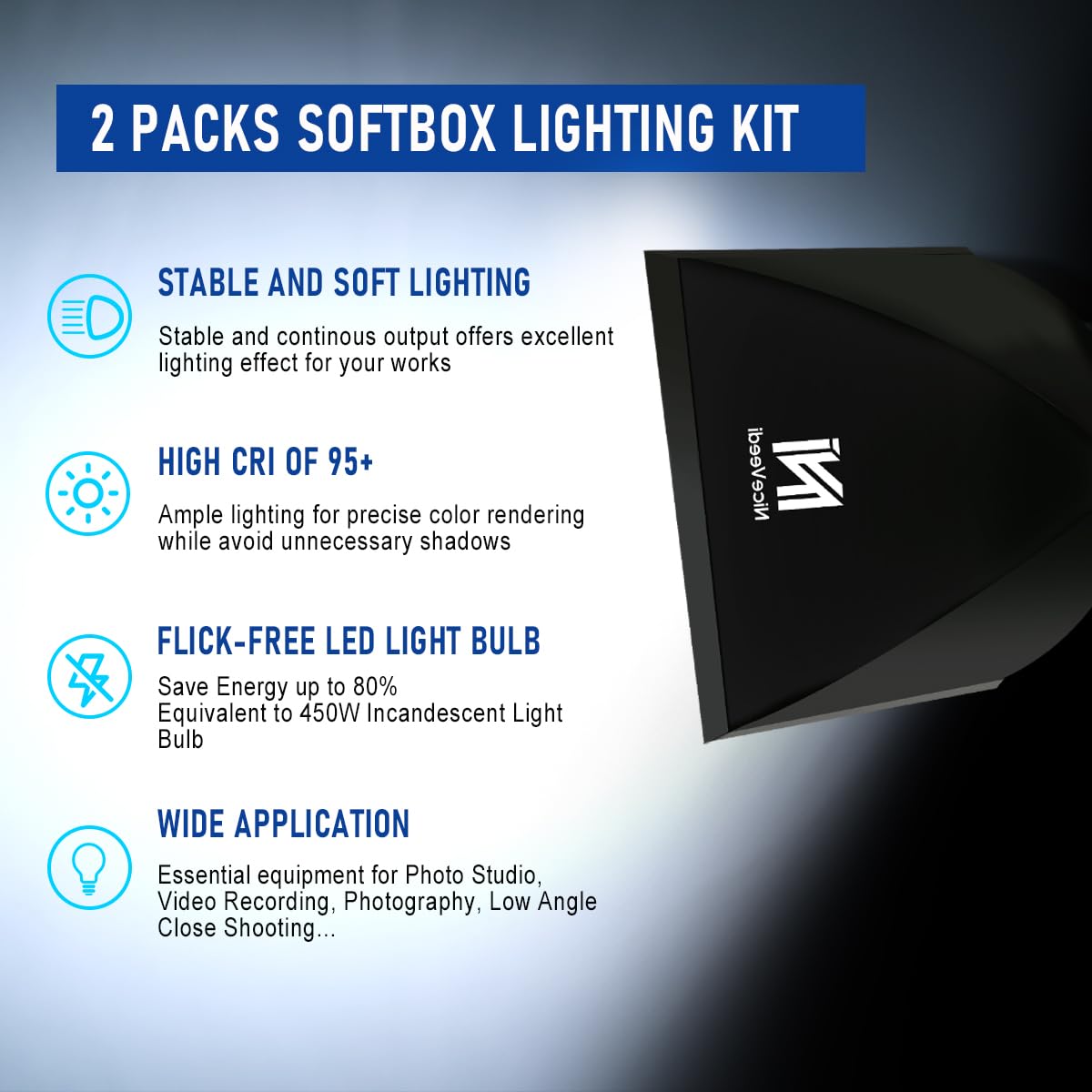 Softbox Lighting Kit, NiceVeedi 2-Pack 16'' x 16'' Softbox Photography Lighting Kit with 63β Tripod Stand & 5400K 450W Equivalent LED Bulb, Continuous Lighting for Photography/Video Record/Live Stream