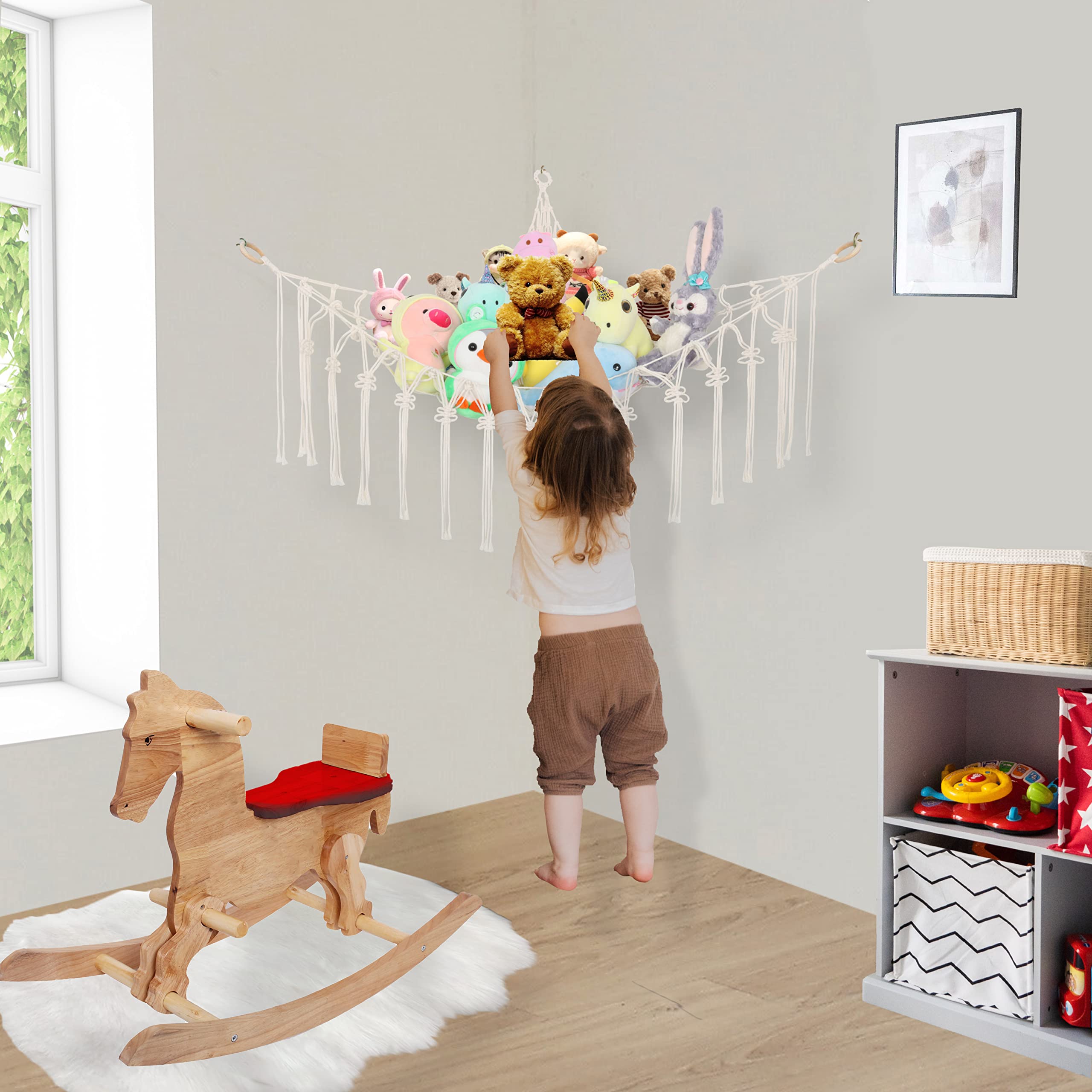 Zeesa Stuffed Animal Toy Hammock, Hanging Net Hammock for Plush Toys Storage, Corner Toy Net Holder, Boho Decor Hammock Organizer with Delicate Tassel Pendant, Beige
