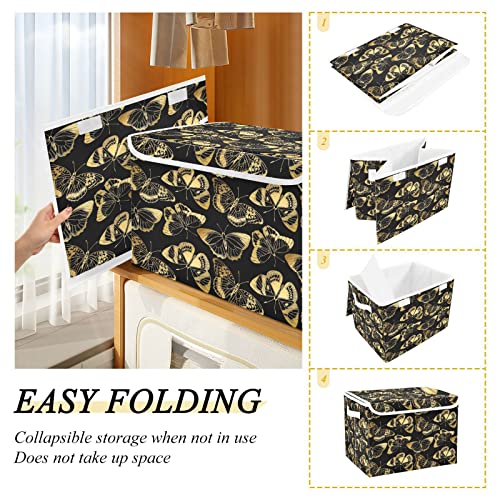 SDMKA Beautiful Gold Butterflies Storage Bins with Lids Foldable Storage Cube Boxes Fabric Storage Organizer Basket for Home, Bedroom, Office, Closet (16.5x12.6x11.8)