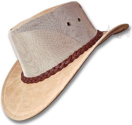 Oztrala~ Suede Leather Breezer Mesh Hat JACARU Cowboy Australian Mens Outback Golf SB 1019 US Sand