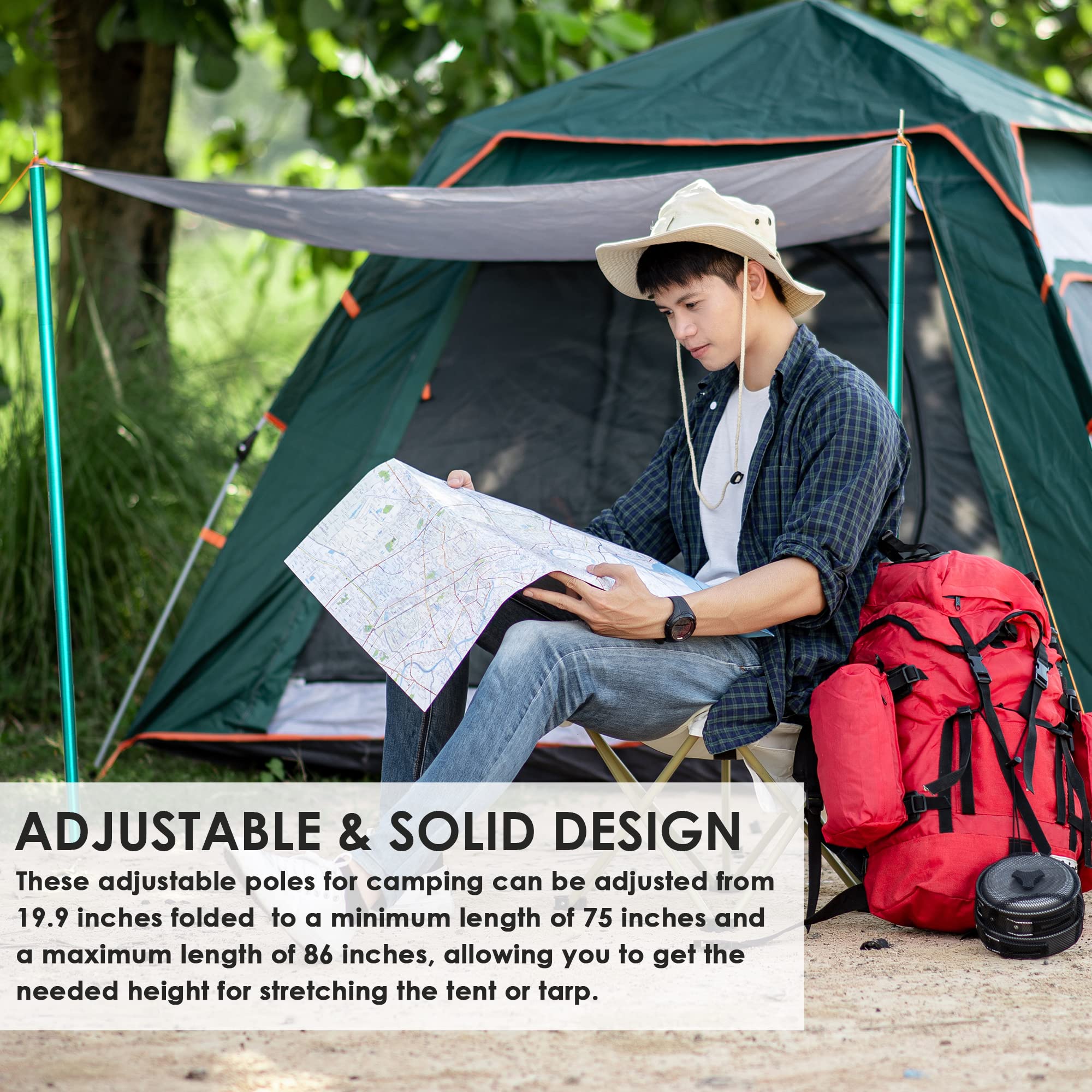 Tent Canopy Poles, Aluminum Tent Pole Folding Adjustable Canopy Support for Tarps and Tents, Six Section Collapsible 86 inches Poles Lightweight Replacement Tarp Poles for Camping Awning Shelter