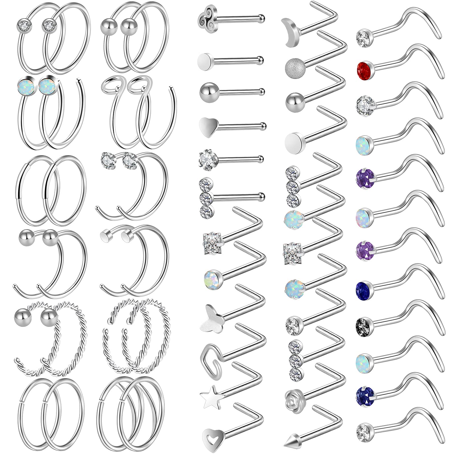 ONESING 60 Pcs 20G Silver Nose Rings for Women Nose Piercing Jewelry L Shape Nose Rings Studs Nose Ring Hoop Nose Screw Hypoallergenic Nose Studs Stainless Steel Nostril Piercing Jewelry