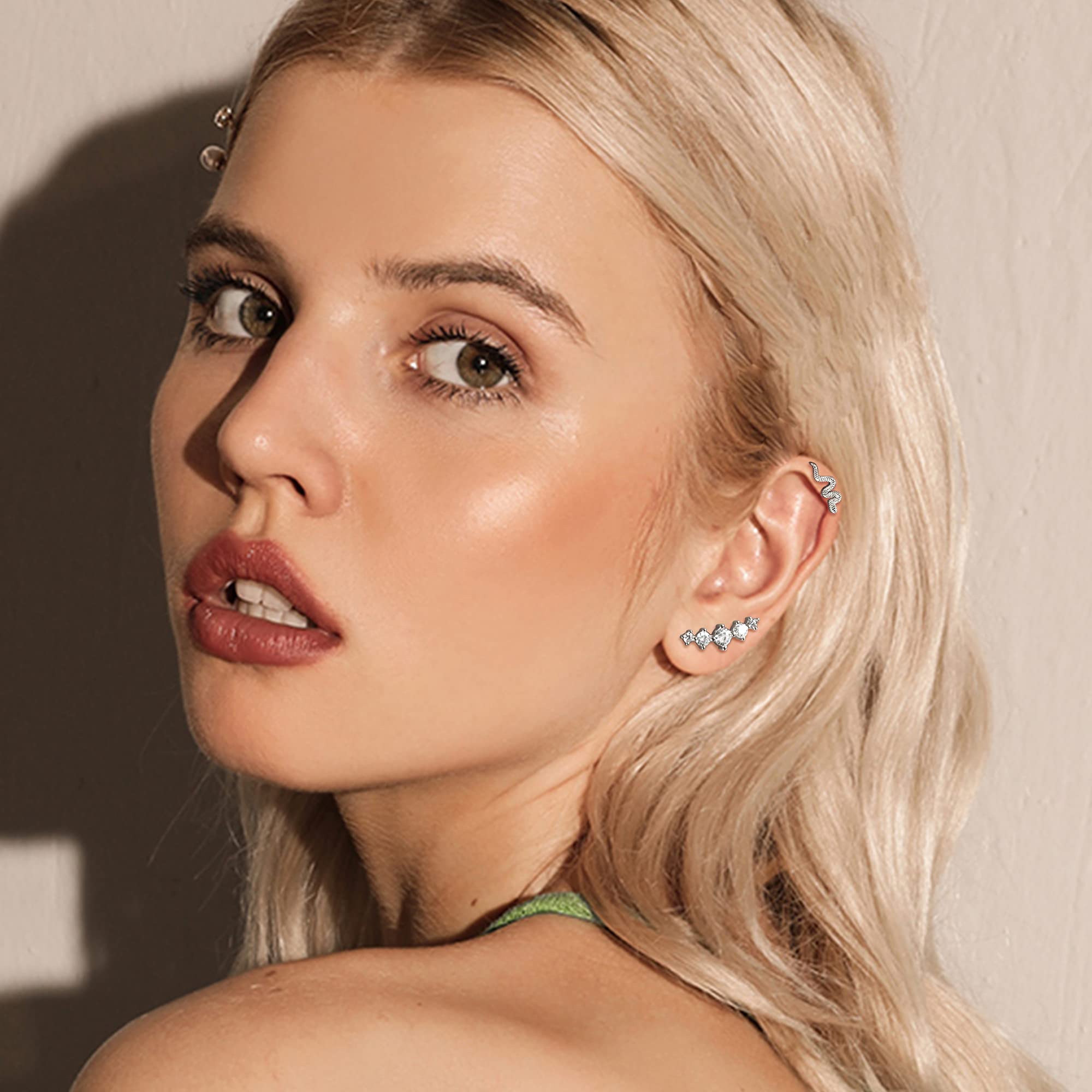 THUNARAZ 6Pcs 16G Cartilage Earrings for Women Stainless Steel Studs Shining CZ Opal Snake Conch Helix Daith Piercing Jewelry Set Silver
