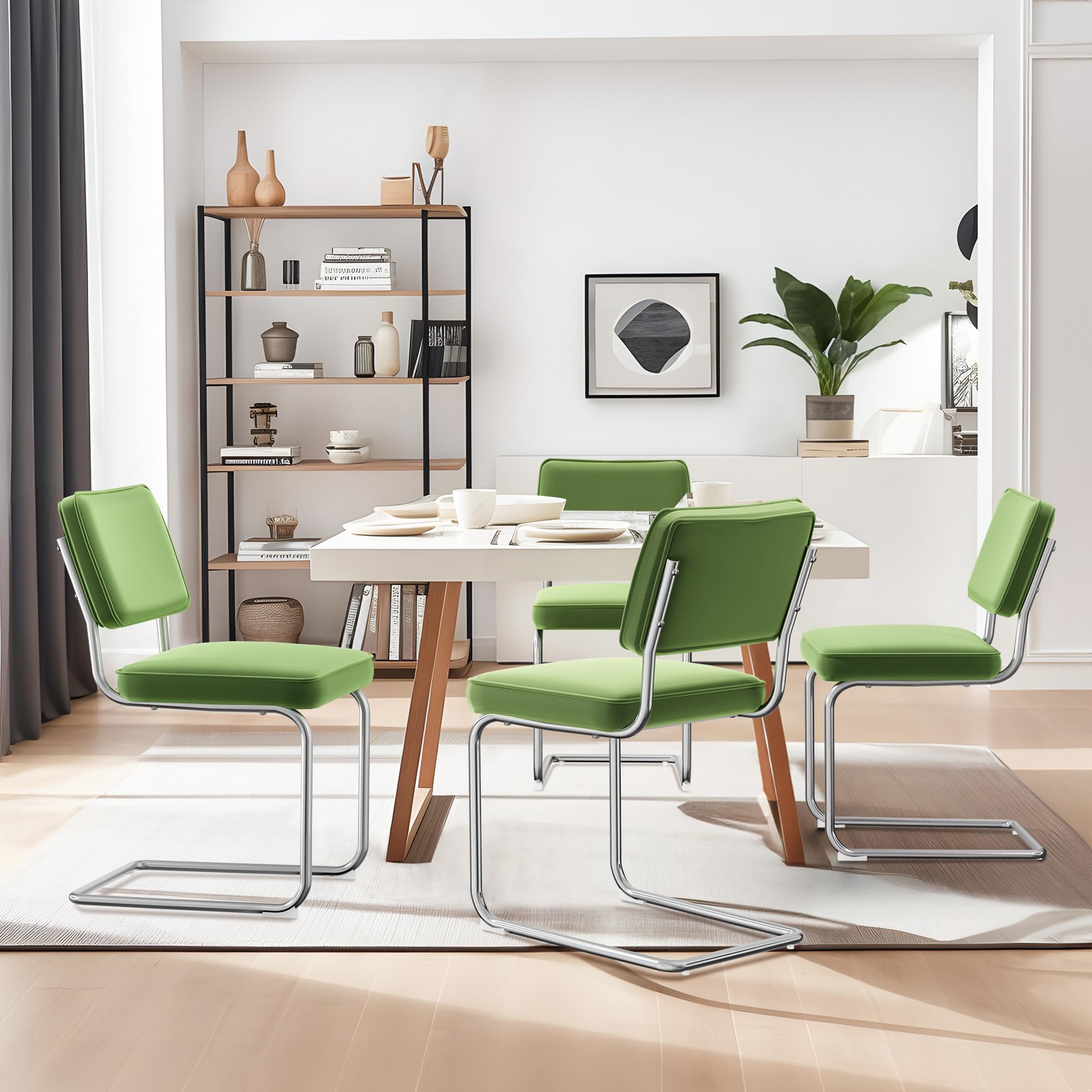 Natsukage Dining Chairs Set of 2 Mid Century Modern Dining Chairs with Chrome Metal Frame Upholstered Velvet Dining Chairs Kitchen & Dining Room Chairs,Green