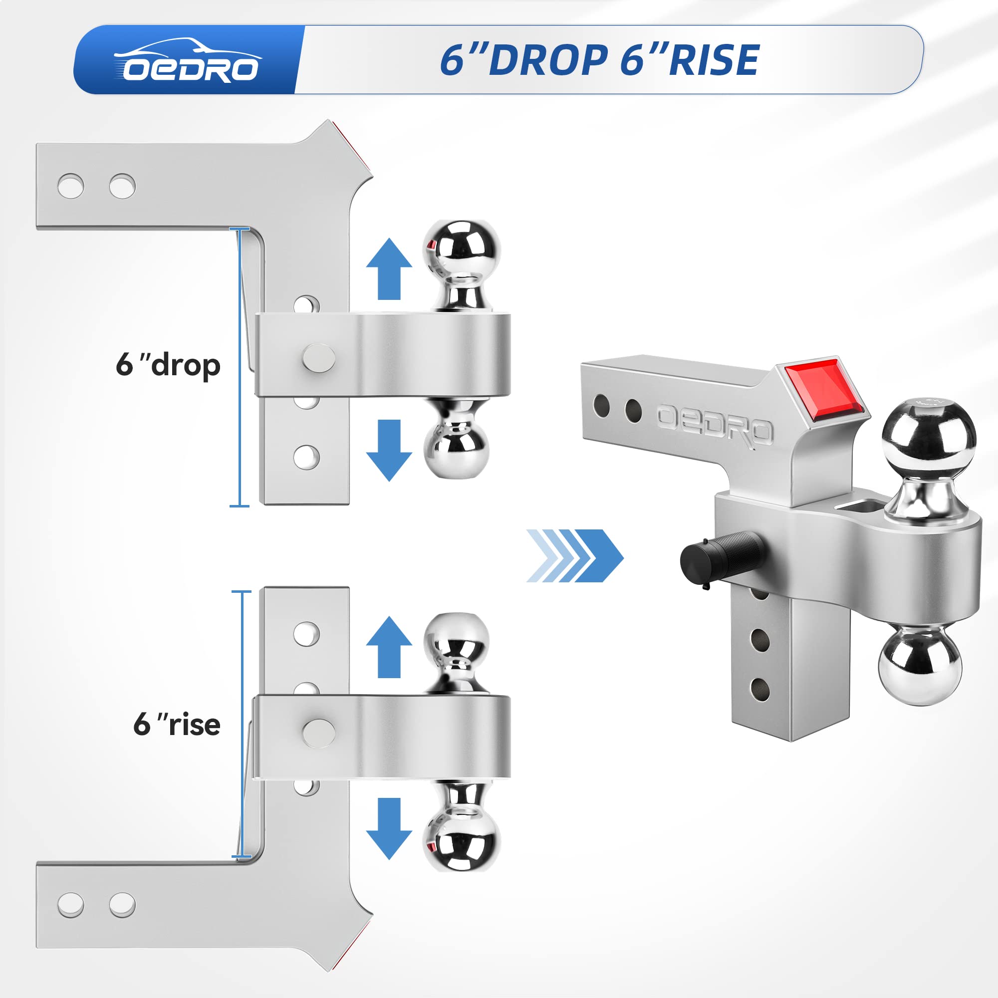 OEDRO Adjustable Trailer Hitch, 6 Inch Drop Hitch Ball Mount Fits 2 Inch Receiver, Forged Aluminum Towing Hitch, 2" & 2-5/16" Tow Balls with Double Pin Key Locks, 14,500lbs.