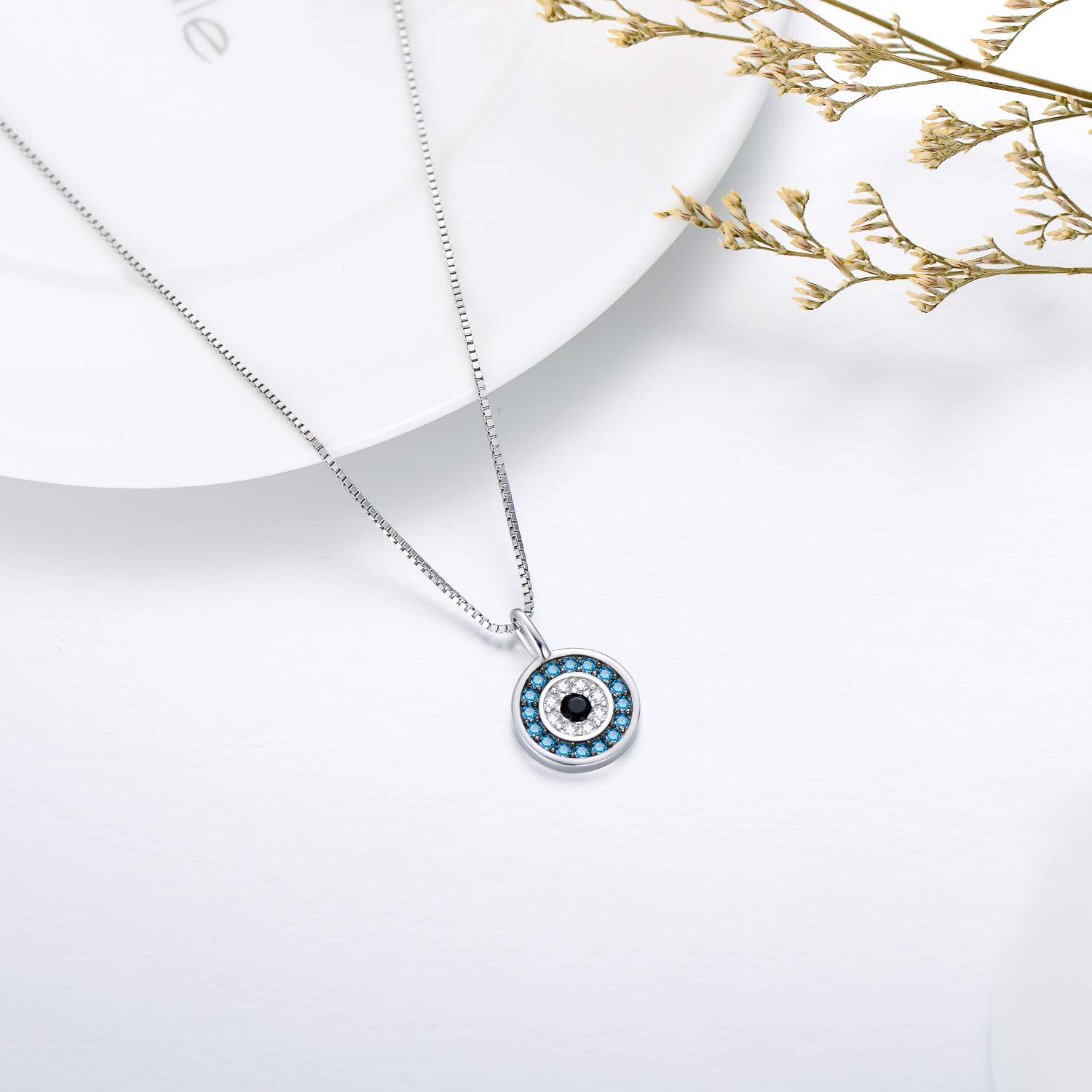 PEIMKO Evil Eye Pendant Necklace for Women 925 Sterling Silver Greek Protection Jewelry Amulet Gift Lucky Necklace for Mom(White Gold)
