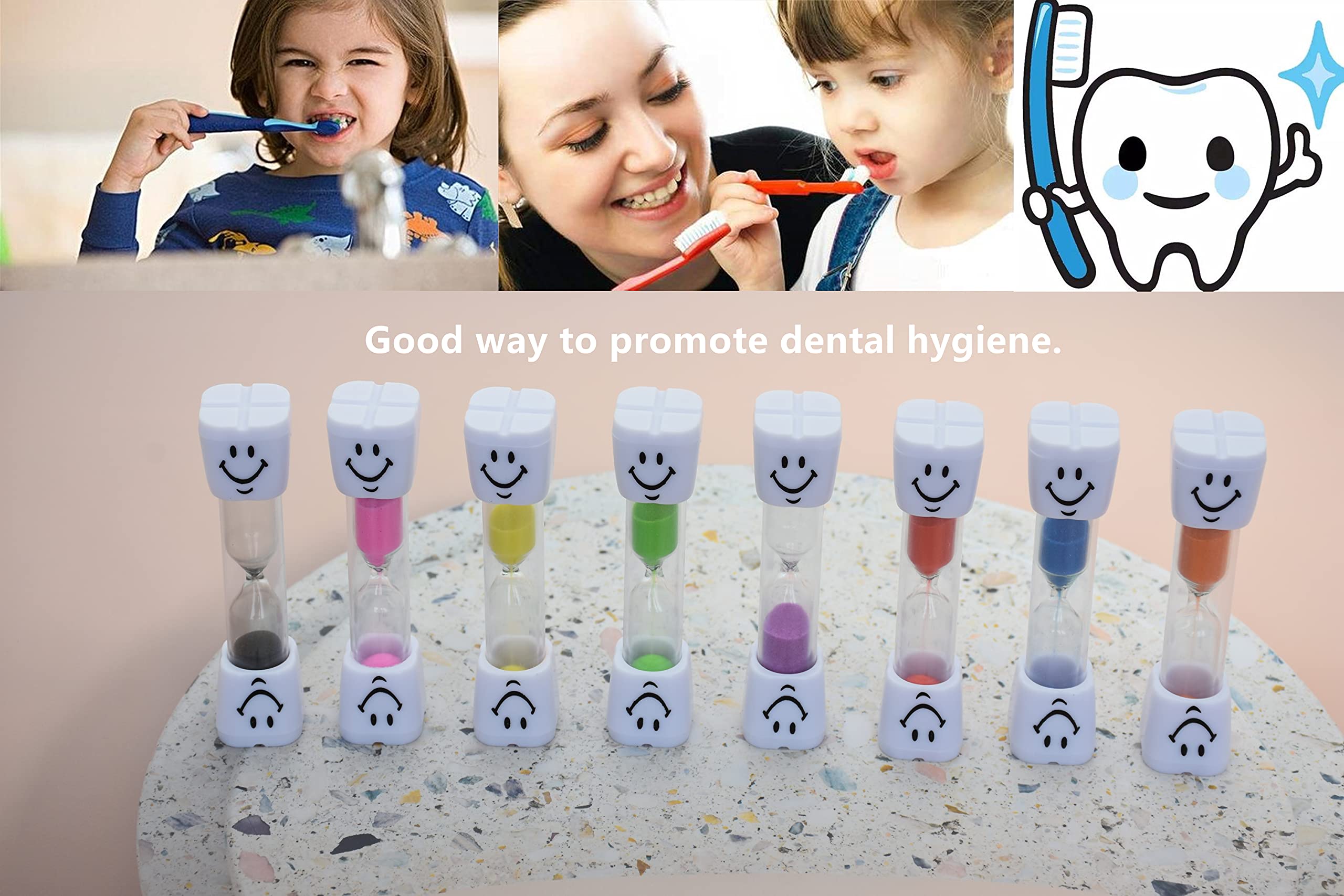 Yuronam 2 Minute Sand Timer Set, 8 Pack Colorful Smiley Hourglass Timers for Kids Proper Tooth Brushing
