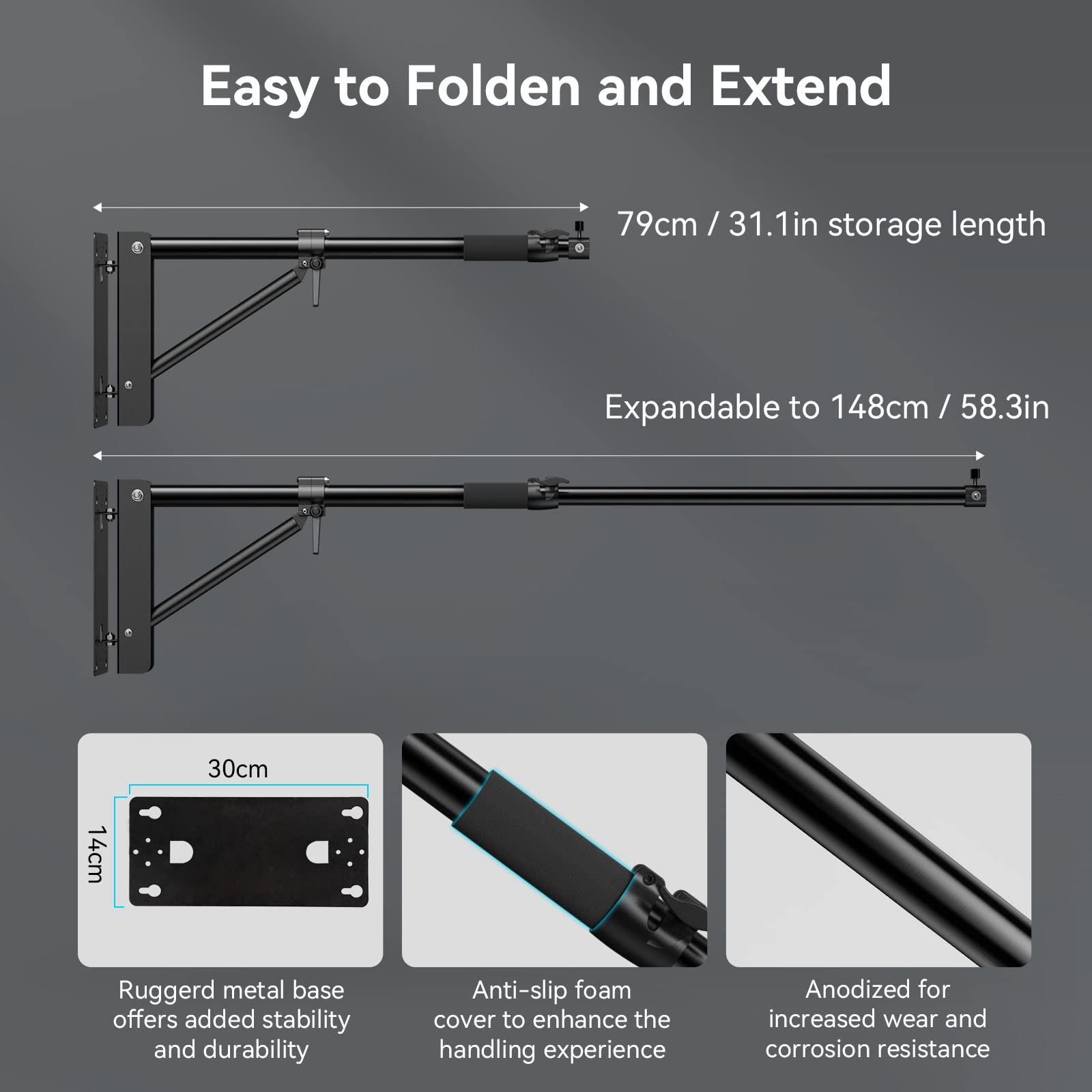 SmallRig 148CM Wall Mount Light Stand Boom Arm with Triangle Base, 180° Adjustable Ring Light Wall Mount for Photography Studio, COB Light, Softbox, RA-W150-4172