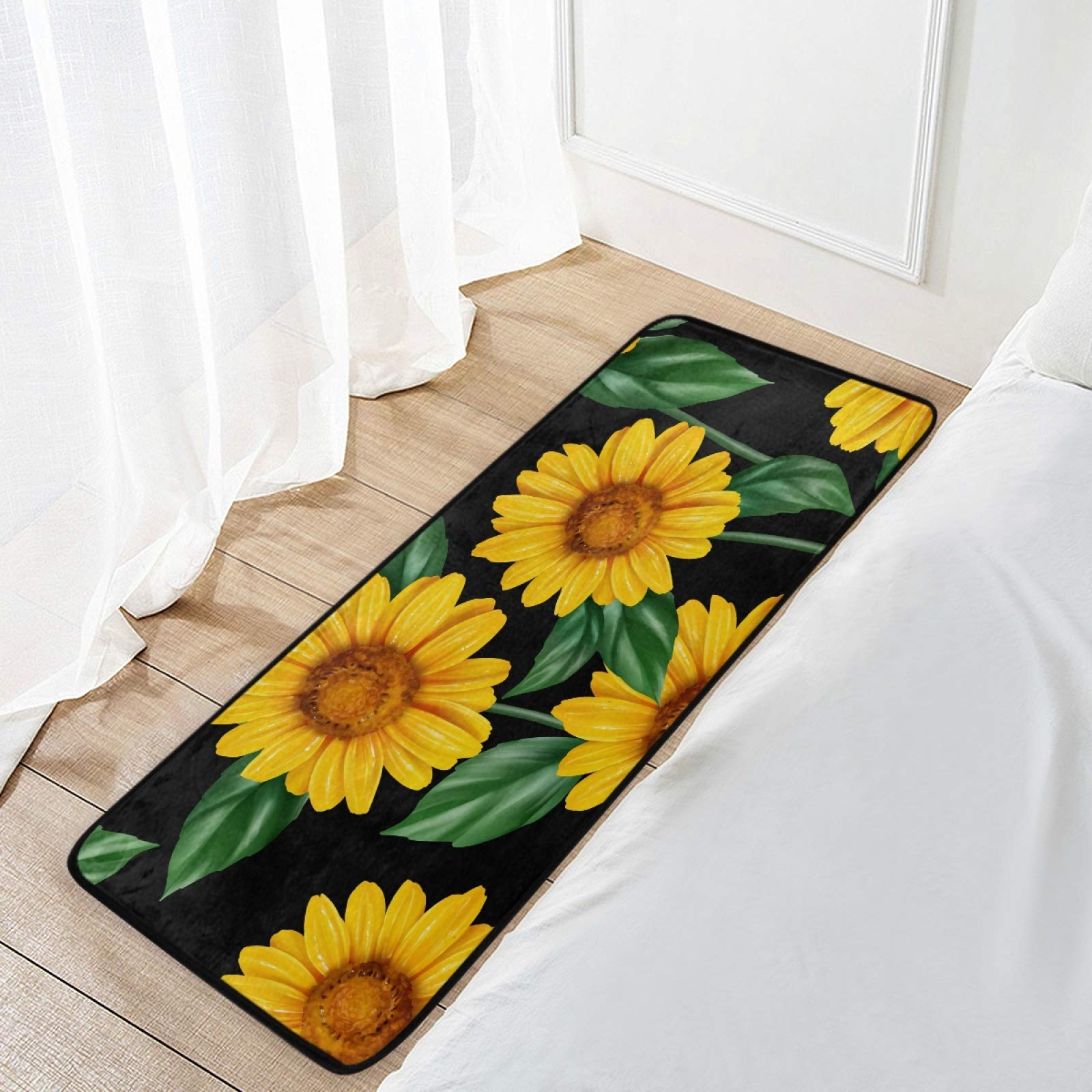 Sunflower Kitchen Rug Black Design Door Mat Bath Rug Home Decor Floor Mat Non-Slip Carpet for Kitchen Living Bedroom 39 x 20 Inch