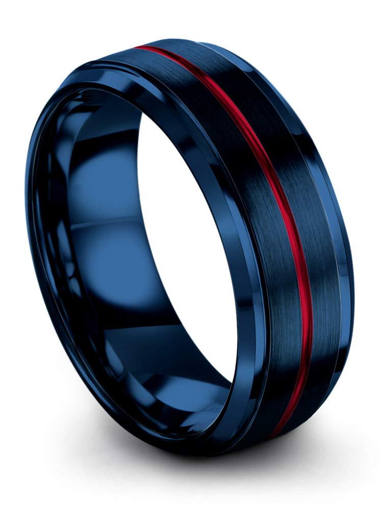 P. Manoukian Tungsten Carbide Wedding Band Ring 8mm for Men Women Blue Interior Red Center Line Step Bevel Edge Brushed Polished Comfort Fit Anniversary Size 9.5