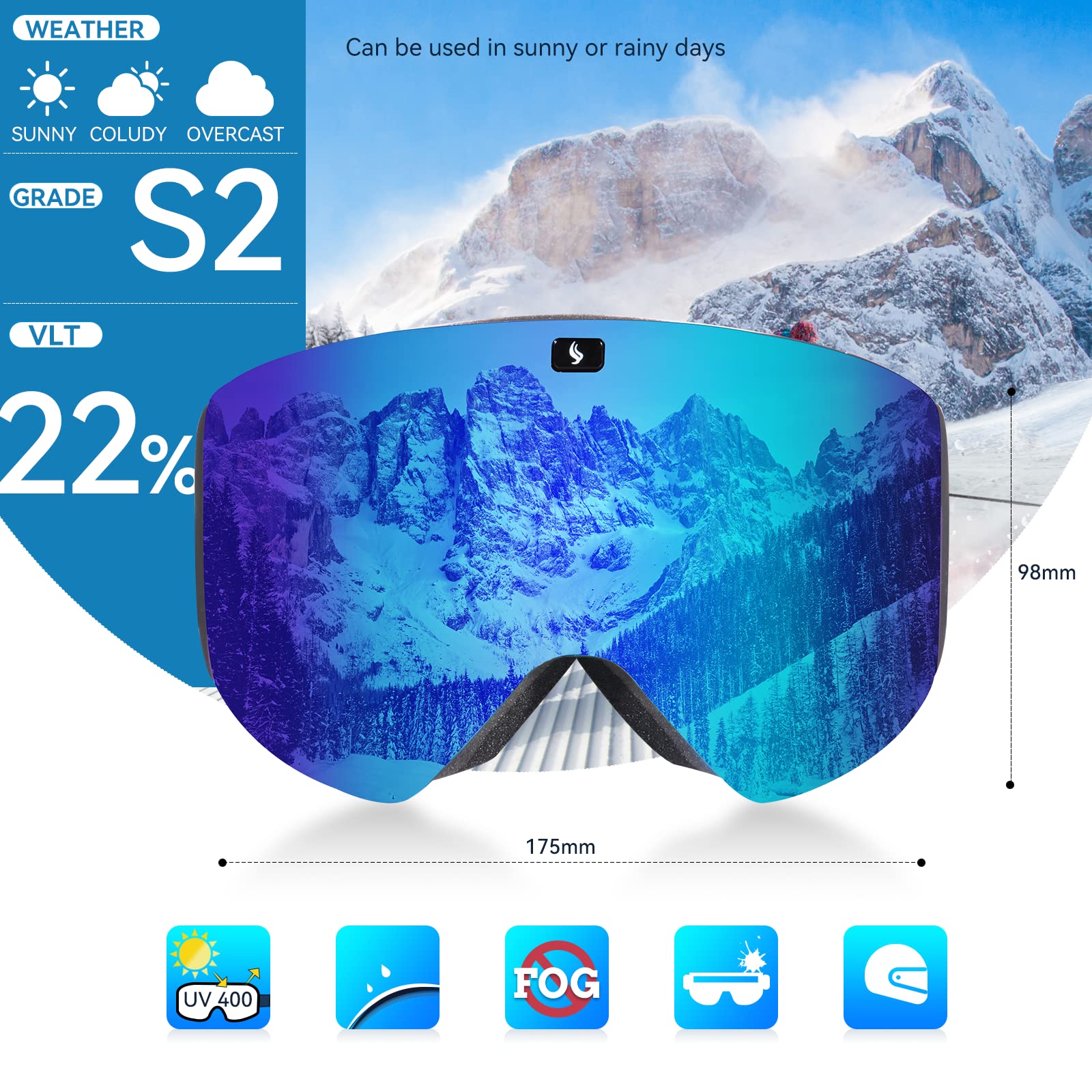 Ski Goggles,OTG Snowboard Goggles,Magnetic Interchangeable Lens,Anti-Fog 100% UV Protection Goggles for Men and Women(Blue),One Size