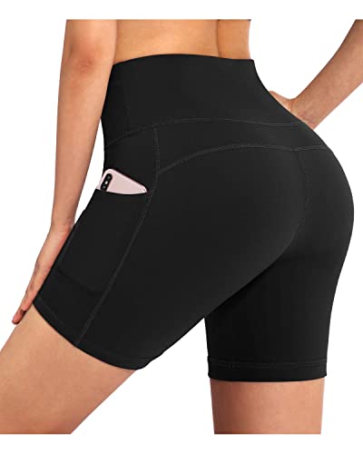 OMANTIC Women's High Waisted Yoga Biker Shorts 5" Compression Athletic Workout Running Shorts with Side Pockets (Black, S)