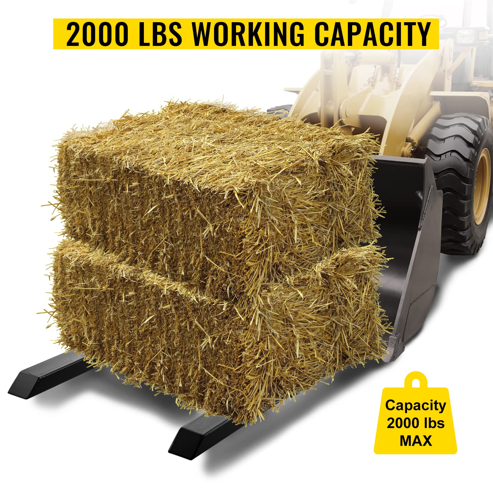 VEVOR Pallet Forks, 2000 Lbs Clamp on Pallet Forks 60" Total Length, Tractor Bucket Forks with Adjustable Stabilizer Bar, Heavy Duty Pallet Forks for Tractor Attachments, Skid Steer, Loader Bucket